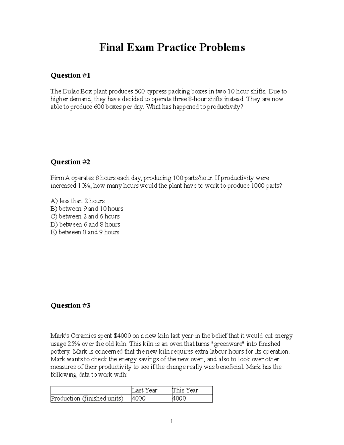 Final Exam Practice Problems - Final Exam Practice Problems Question The Dulac Box plant ...