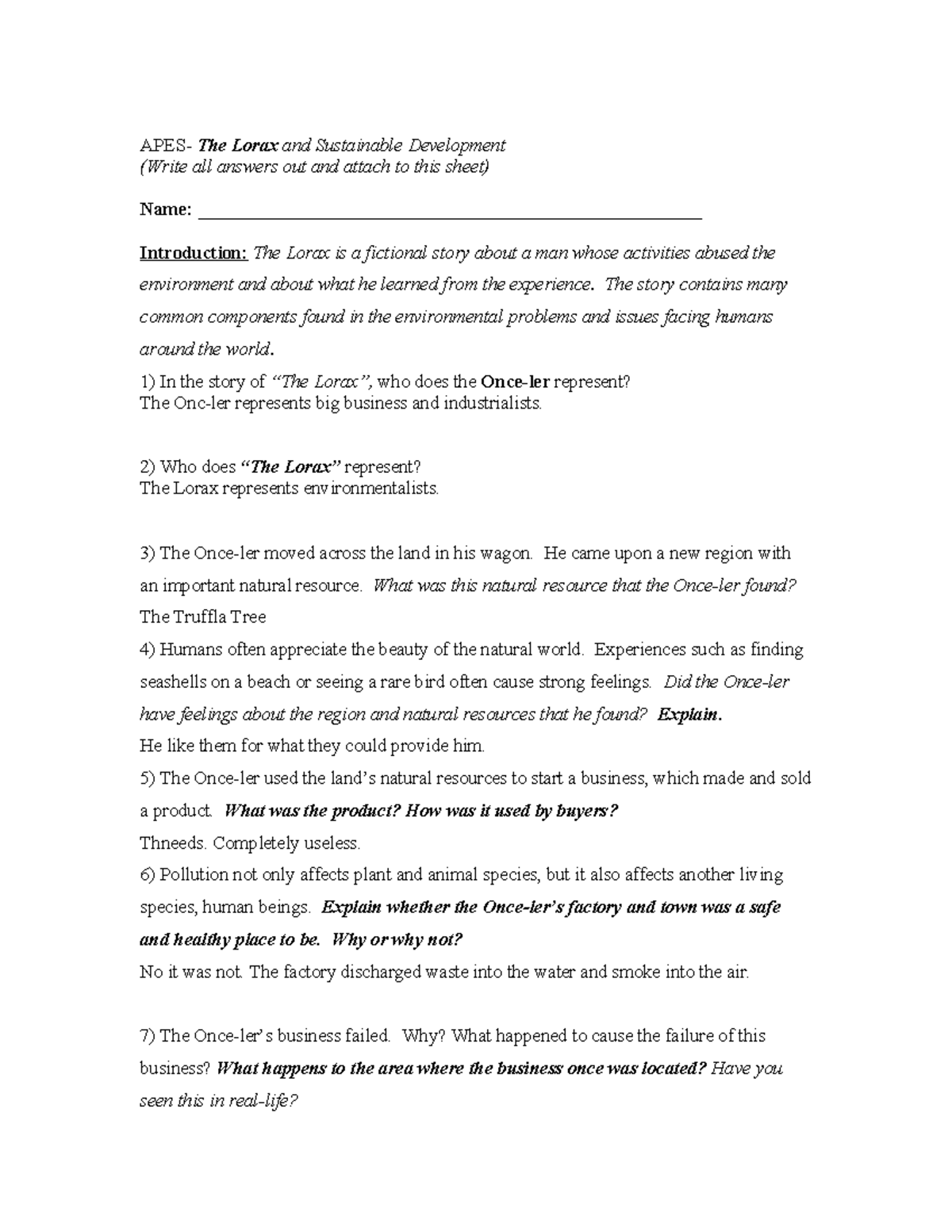 The Lorax Activity Answers - APES- The Lorax and Sustainable ...