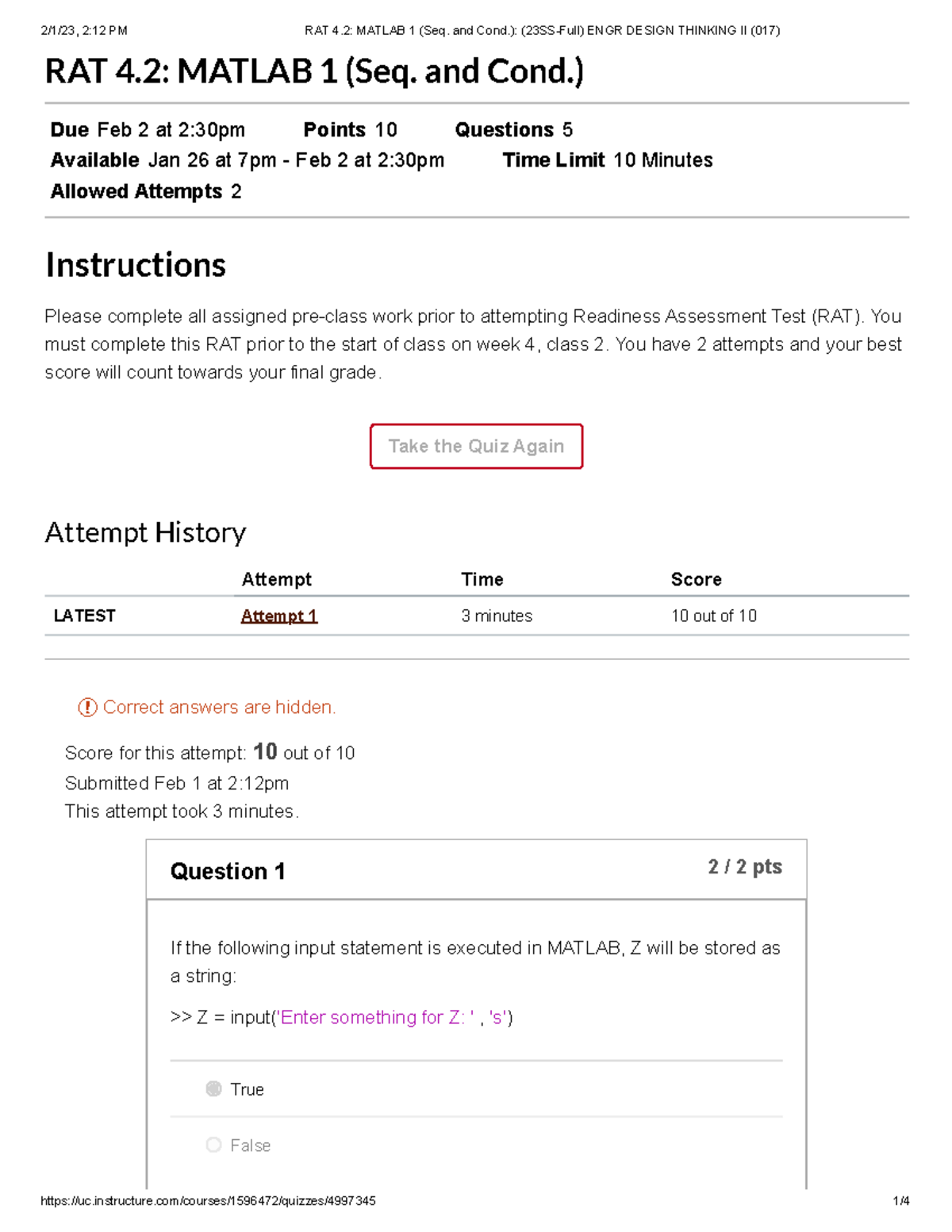 RAT 4.2 Matlab 1 (Seq. and Cond.) (23SS-Full) ENGR Design Thinking II ...