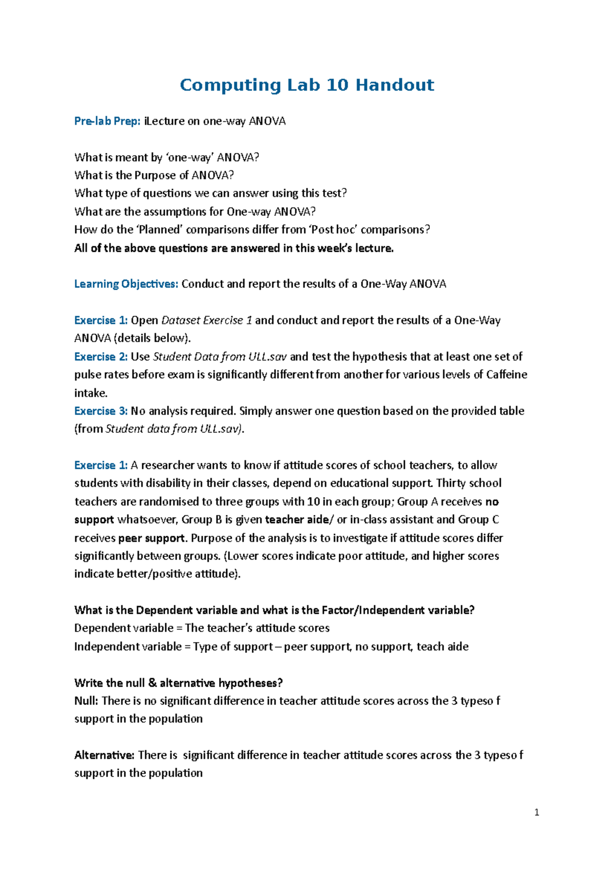 Computing Lab 10 Handout - Computing Lab 10 Handout Pre-lab Prep: iLecture on one-way ANOVA What ...