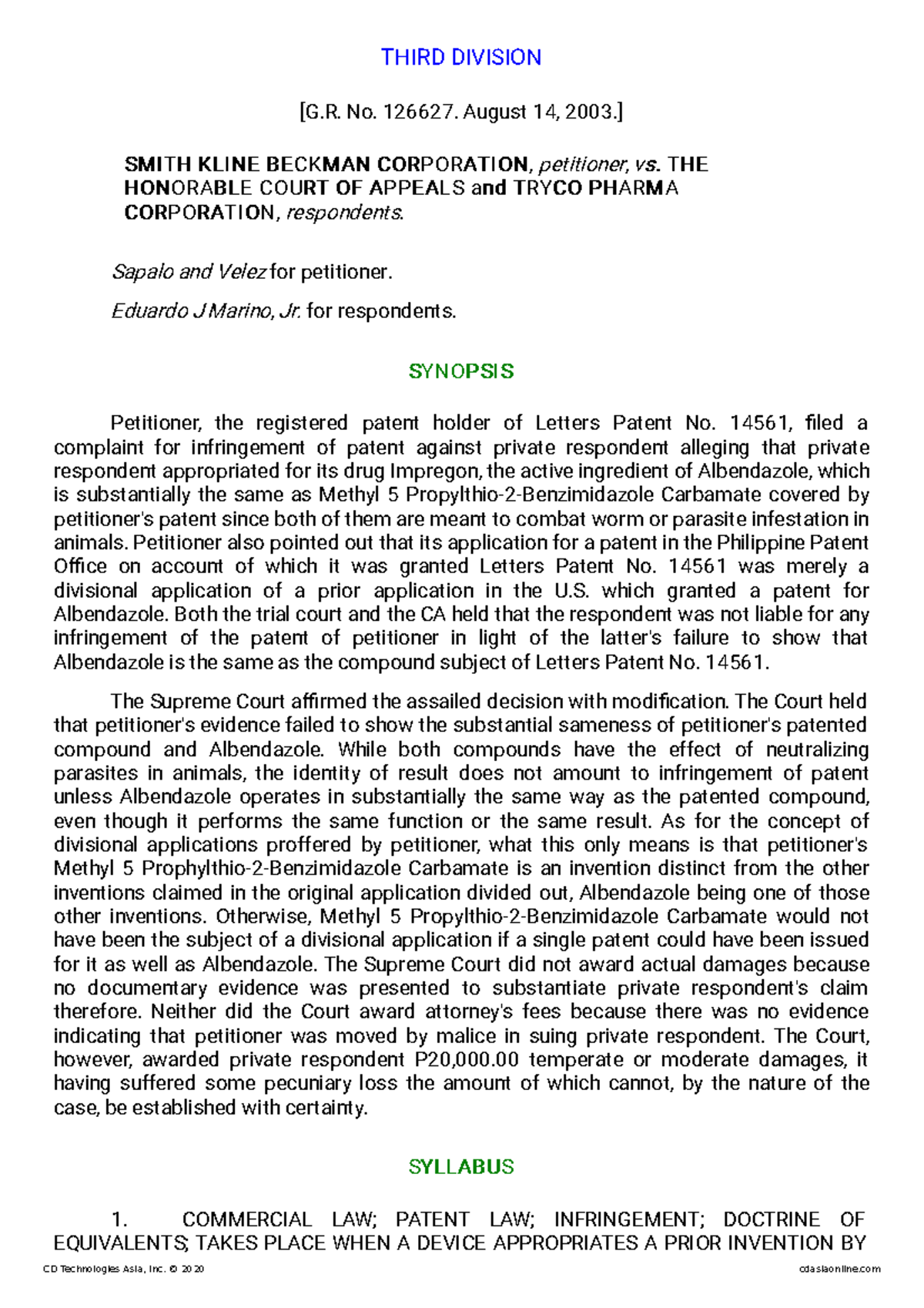 Aa7 - Lecture notes 10 - THIRD DIVISION [G. No. 126627. August 14, 2003 ...