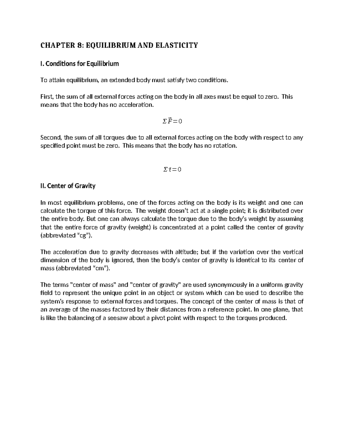 Chapter 8 - academic notes - CHAPTER 8: EQUILIBRIUM AND ELASTICITY I ...