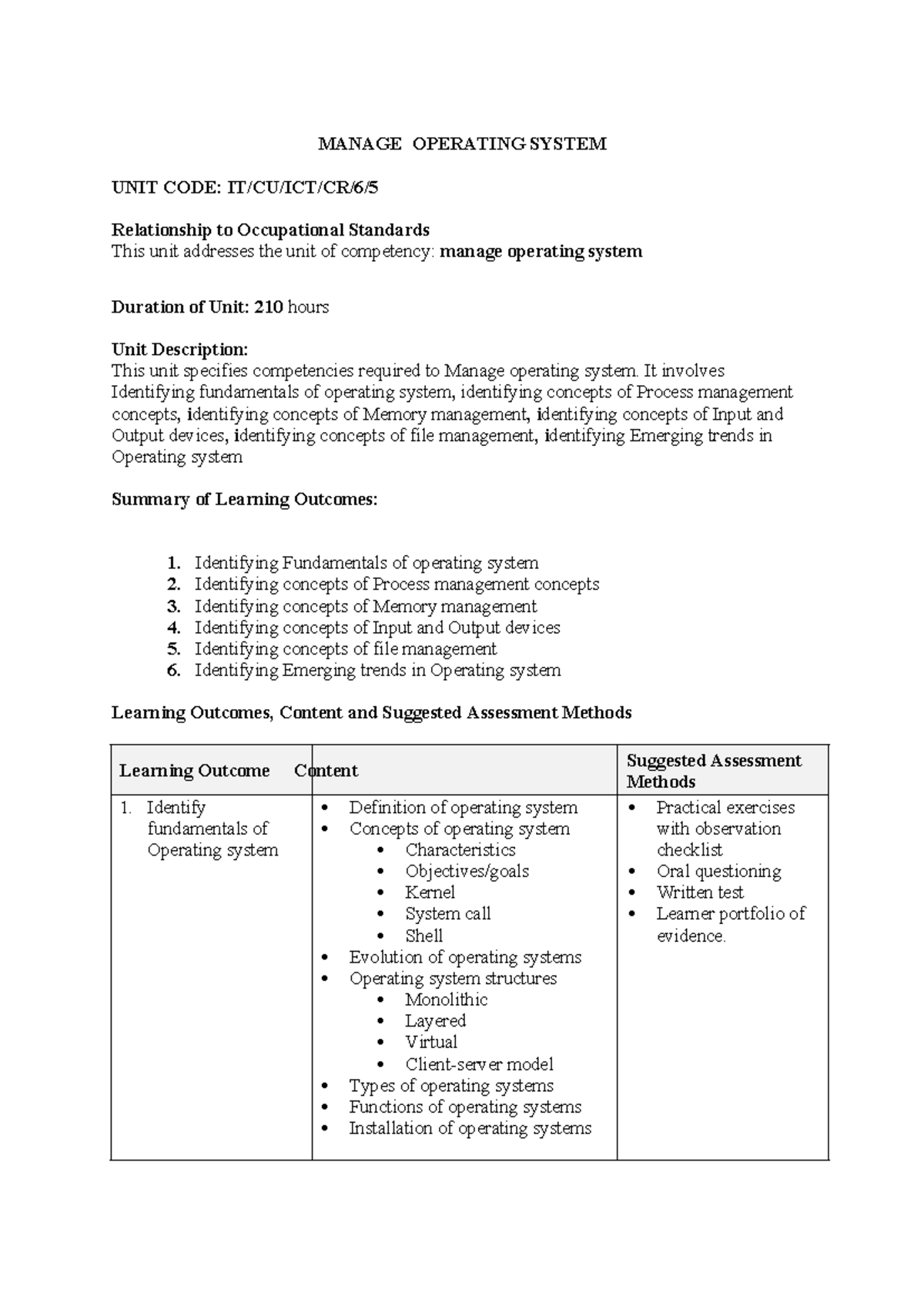 Course Outline Manage OS - MANAGE OPERATING SYSTEM UNIT CODE: IT/CU/ICT/CR/6/ Relationship to ...