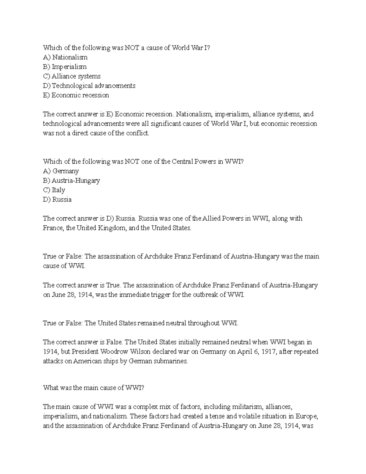 #37 WWI Test Questions - Which of the following was NOT a cause of ...