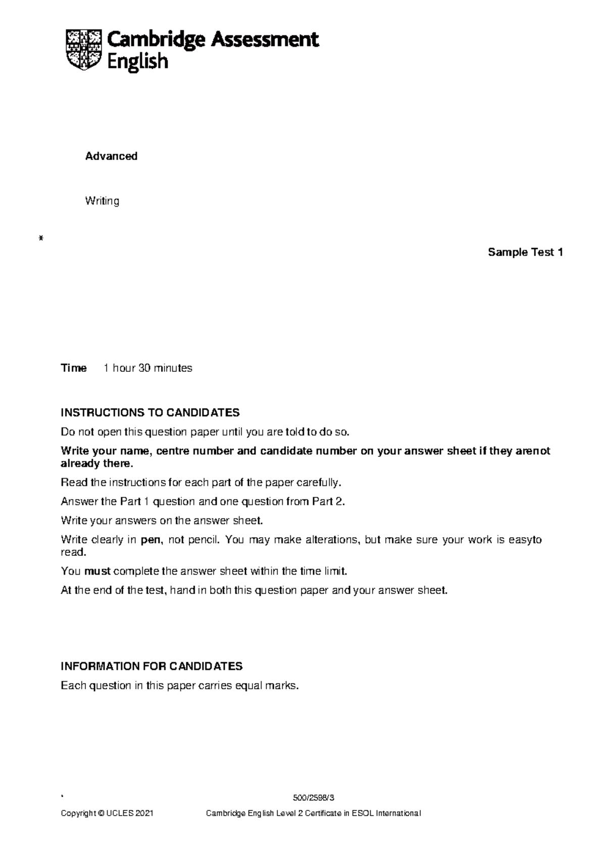 C1 Advanced sample paper 1 Writing - Advanced Writing Sample Test 1 ...