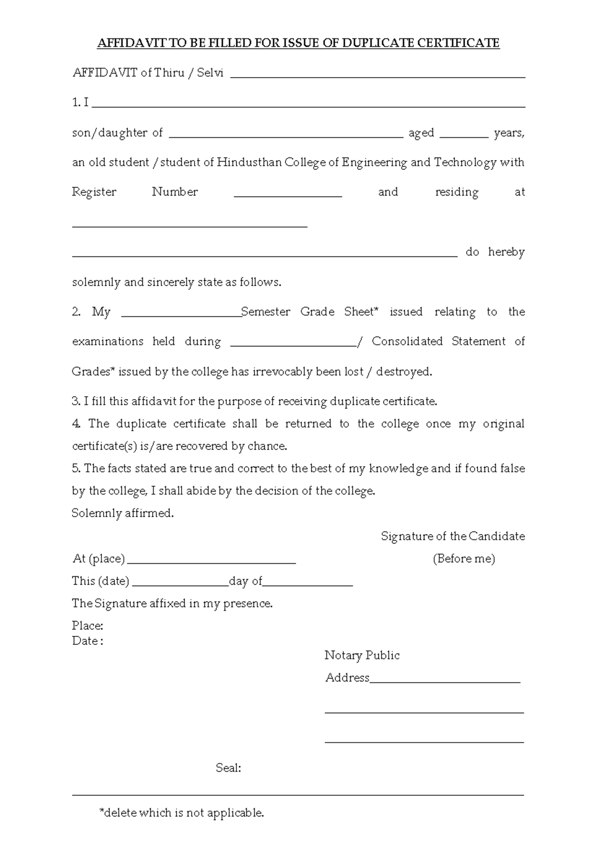 09 Notary FORM for Lost of original Certificates - AFFIDAVIT TO BE ...