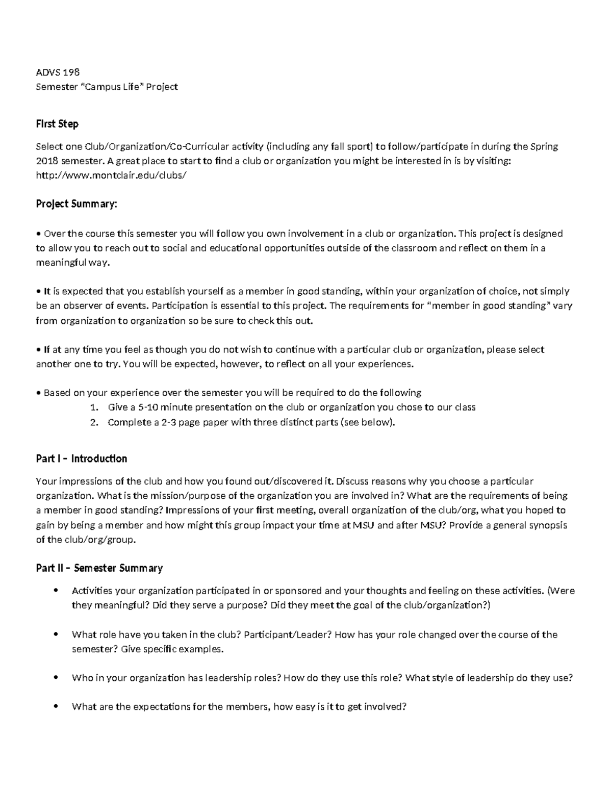ADVS 198 Club-Org Project SP 18 - ADVS 198 Semester “Campus Life ...