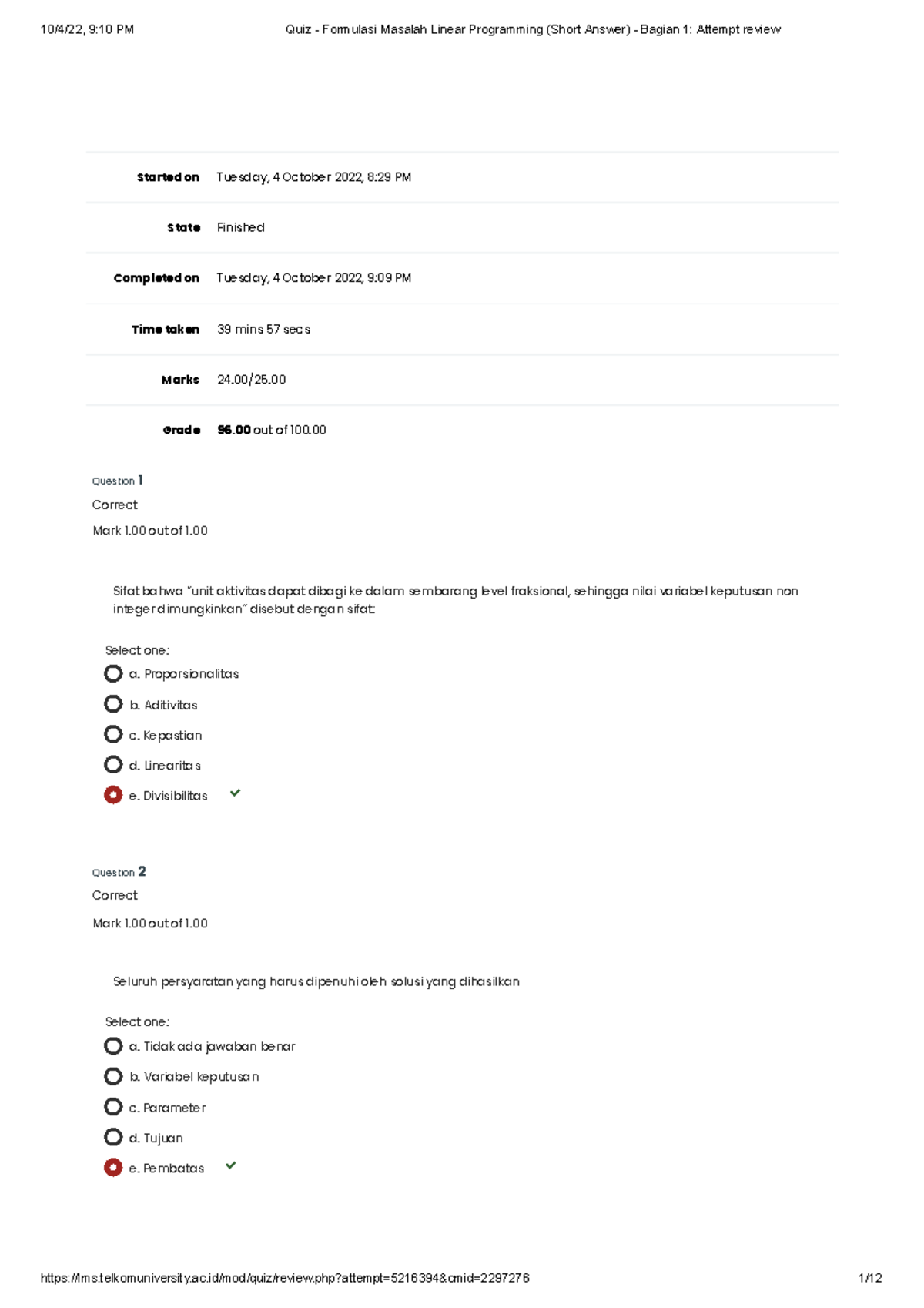 Quiz - Formulasi Masalah Linear Programming Short Answer - Bagian 1 Attempt review - Started on ...