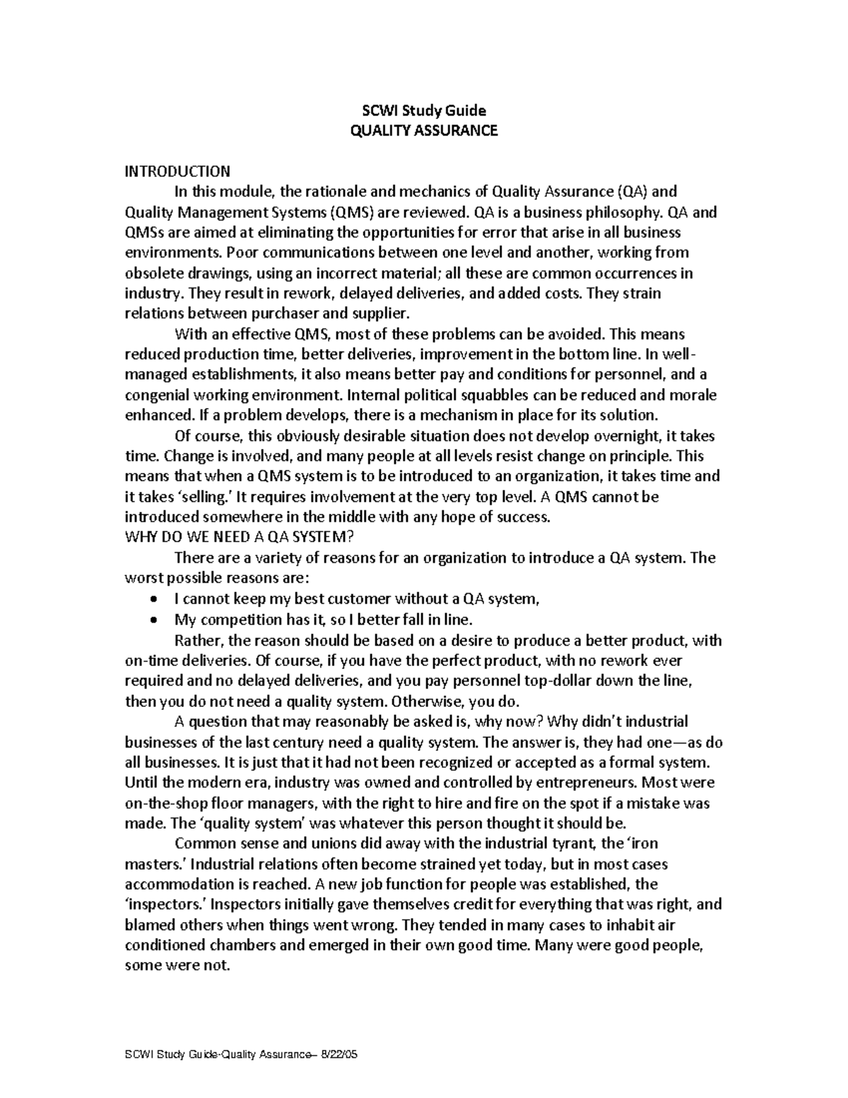 SCWI studyguide - scwi exam - SCWI Study Guide QUALITY ASSURANCE ...