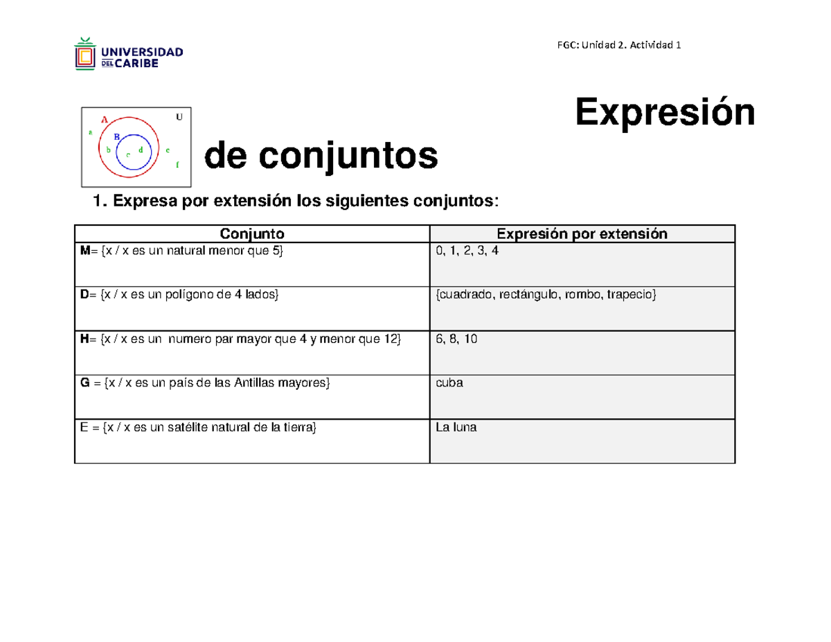 Unidad 2. Actividad 1. Expresiones de conjuntos - Matemática l - FGC: Unidad 2. Actividad 1 ...