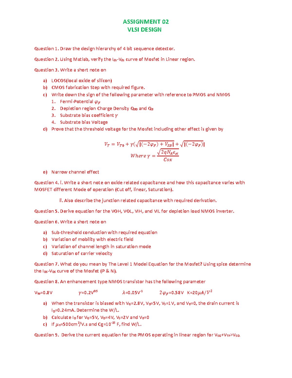 VLSI Assignment 02 - ASSIGNMENT 02 VLSI DESIGN Dead line Friday 22/08 ...