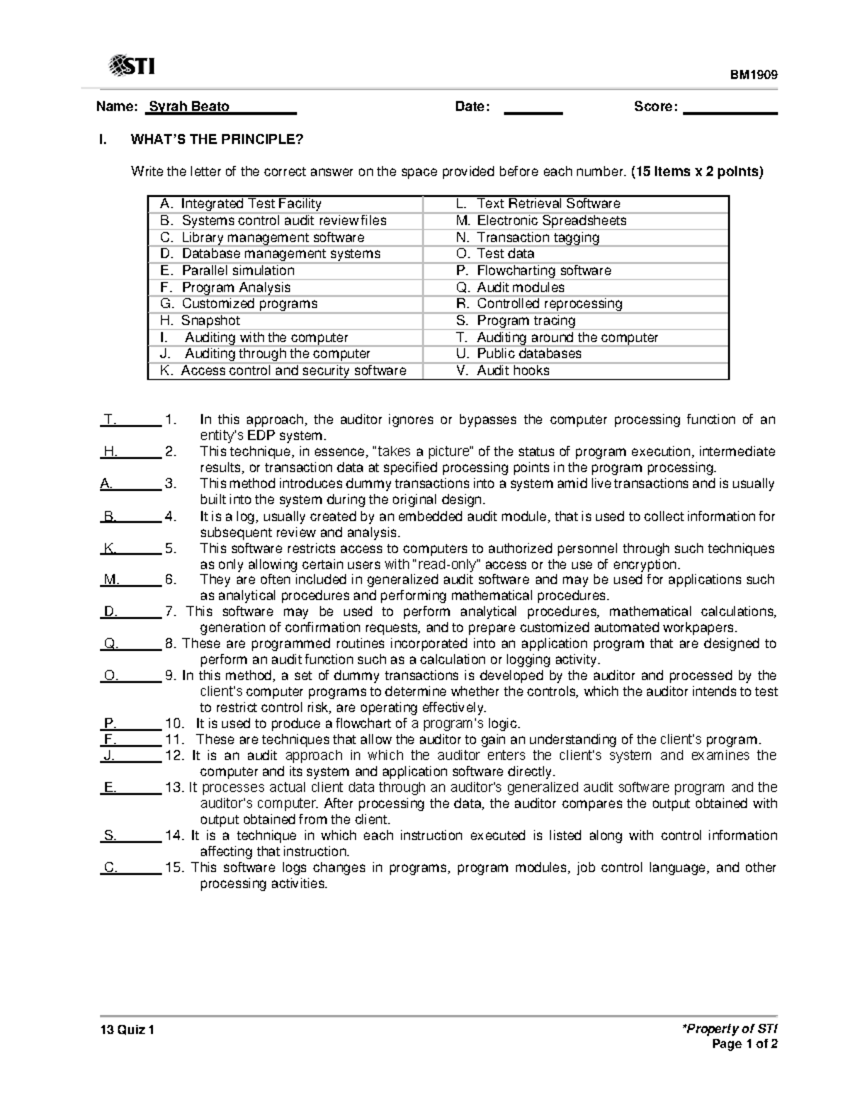 13 Quiz 1 Auditing - BM 13 Quiz 1 *Property of STI Page 1 of 2 Name ...