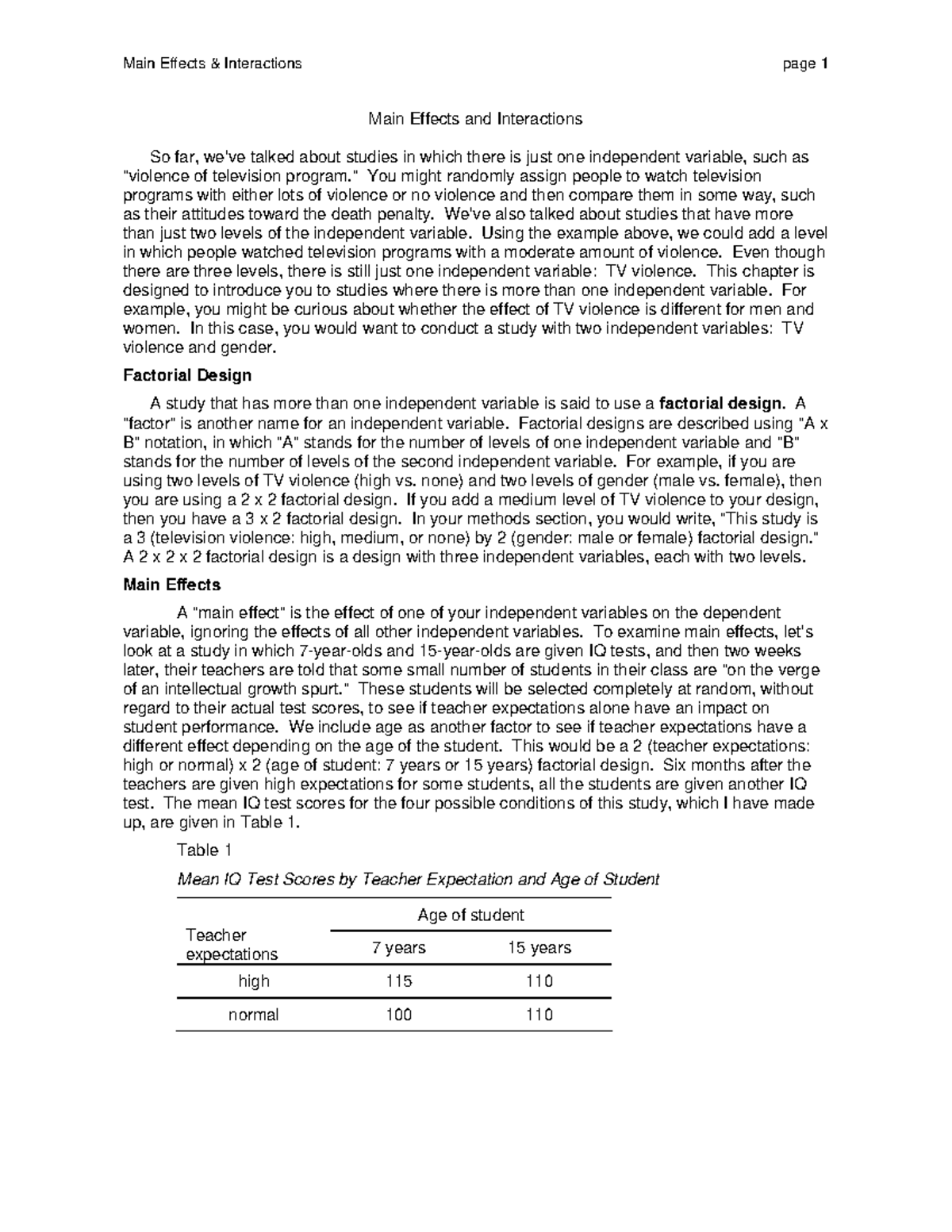 Main effects and interactions - Main Effects and Interactions So far ...