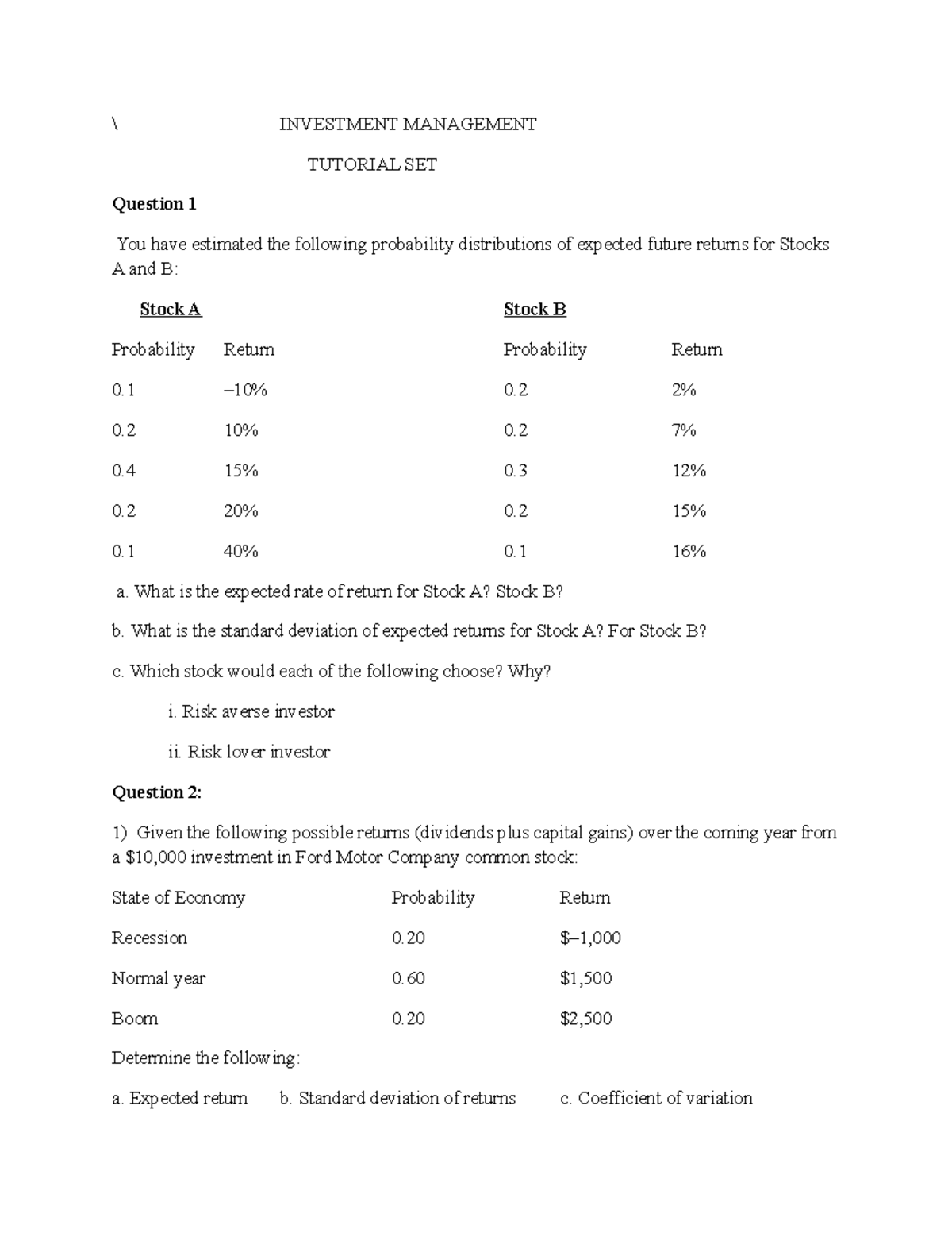 Investment MGT Tutorial set - \ INVESTMENT MANAGEMENT TUTORIAL SET ...