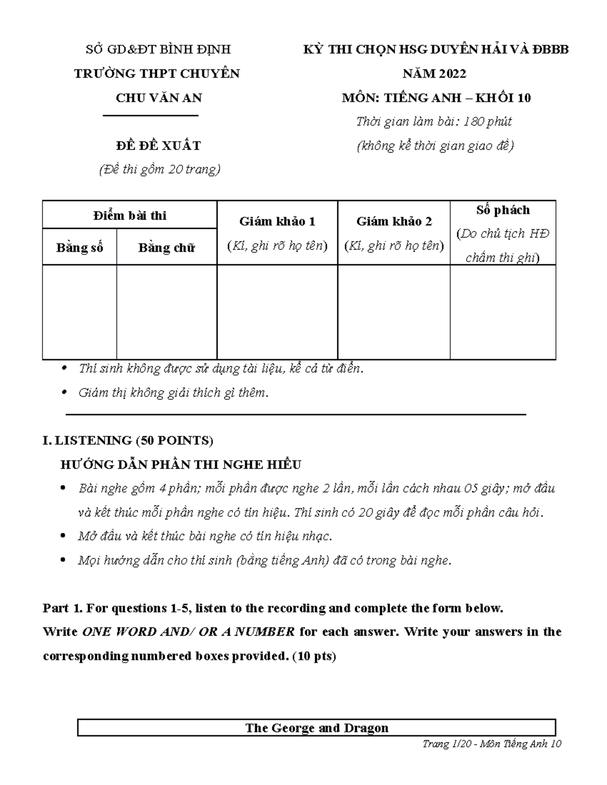 1. DHBB 2022-ANH 10-CHU VĂN AN-BÌNH ĐỊNH-ĐỀ ĐỀ XUẤT - SỞ GD&ĐT BÌNH ĐỊNH TRƯỜNG THPT CHUYÊN CHU ...