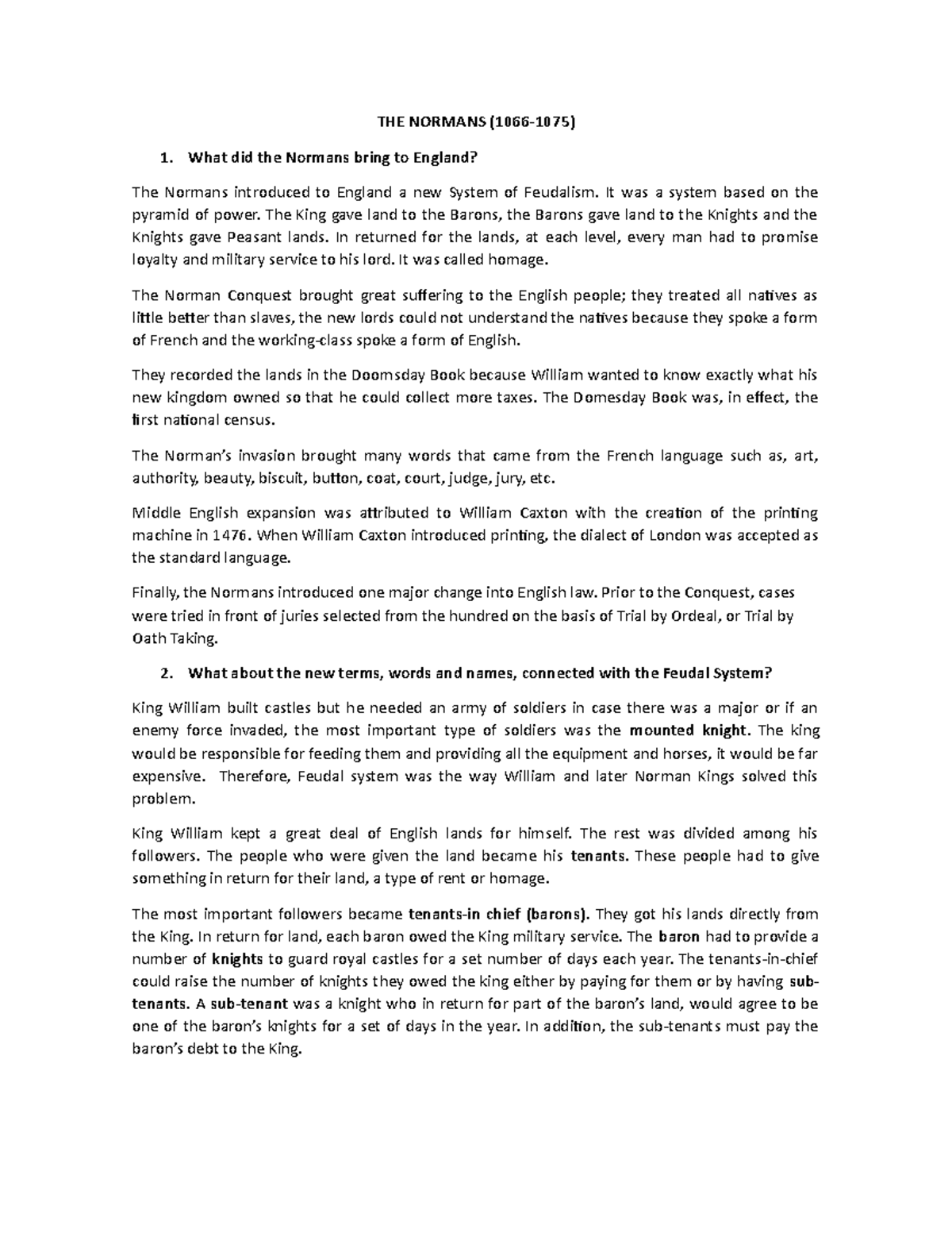 THE Normans written paper - THE NORMANS (1066-1075) 1. What did the ...