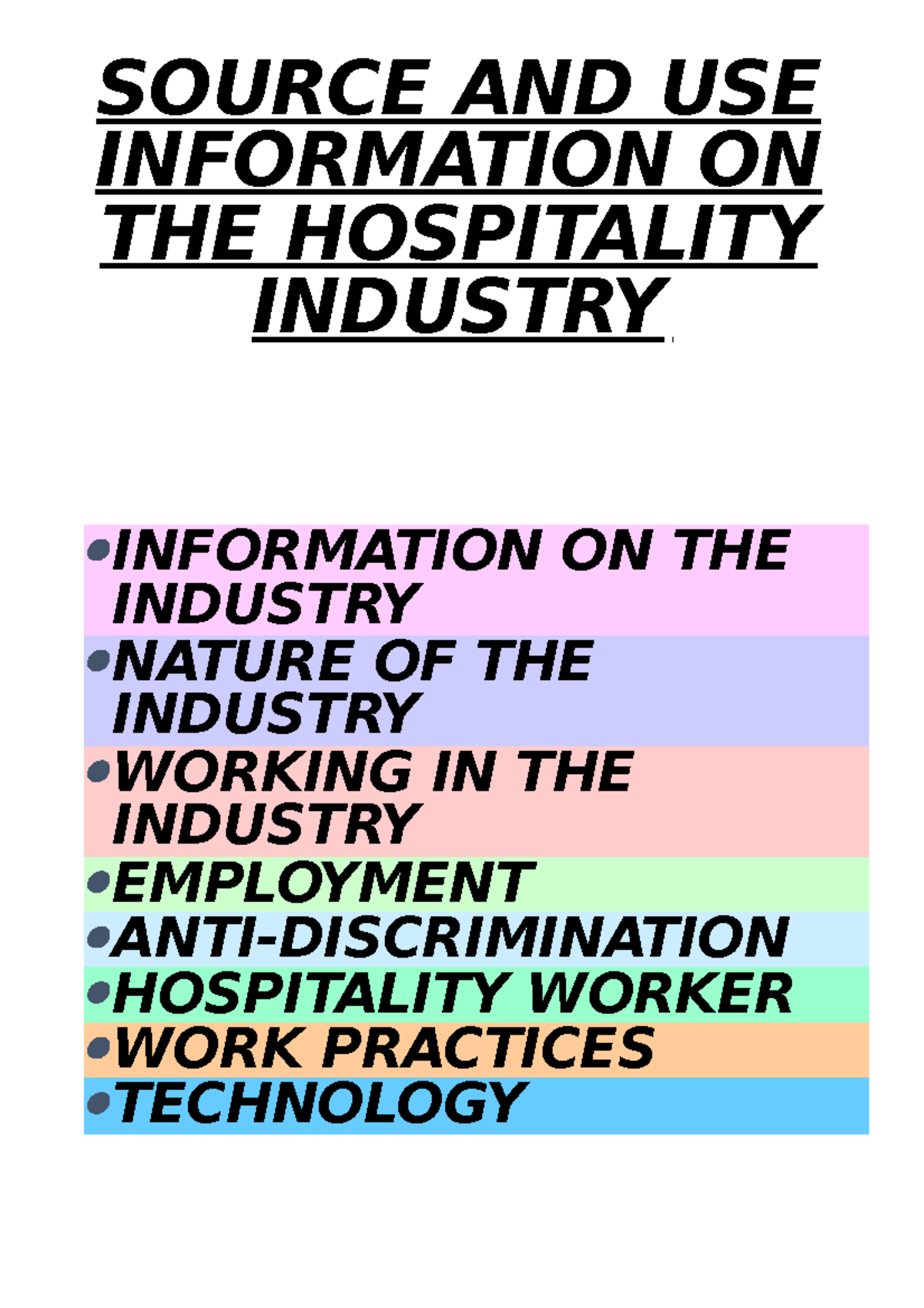 Source and use information on the hospitality industry - SOURCE AND USE ...