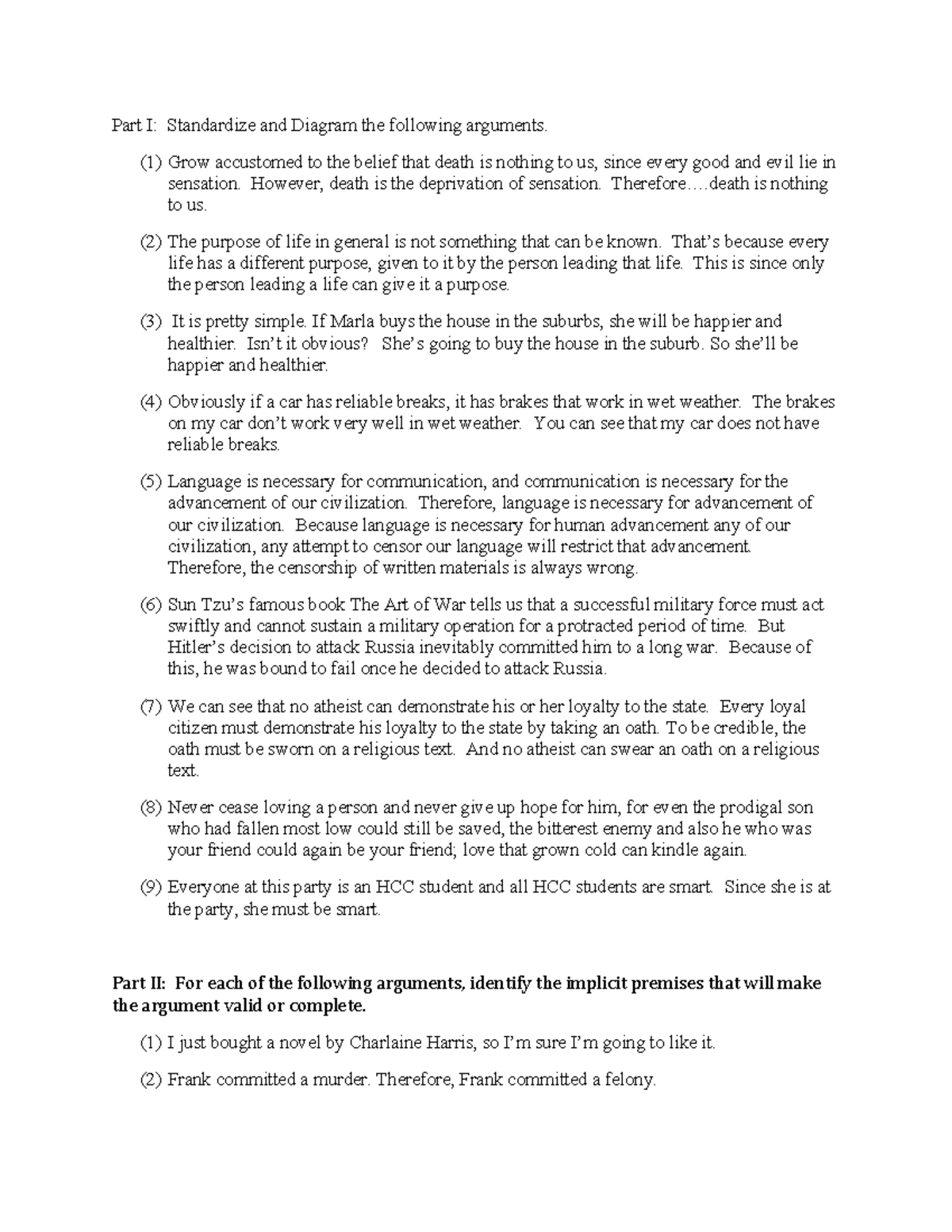 Standardizing Argumentsexcercise 1 (9) - Part I: Standardize and ...