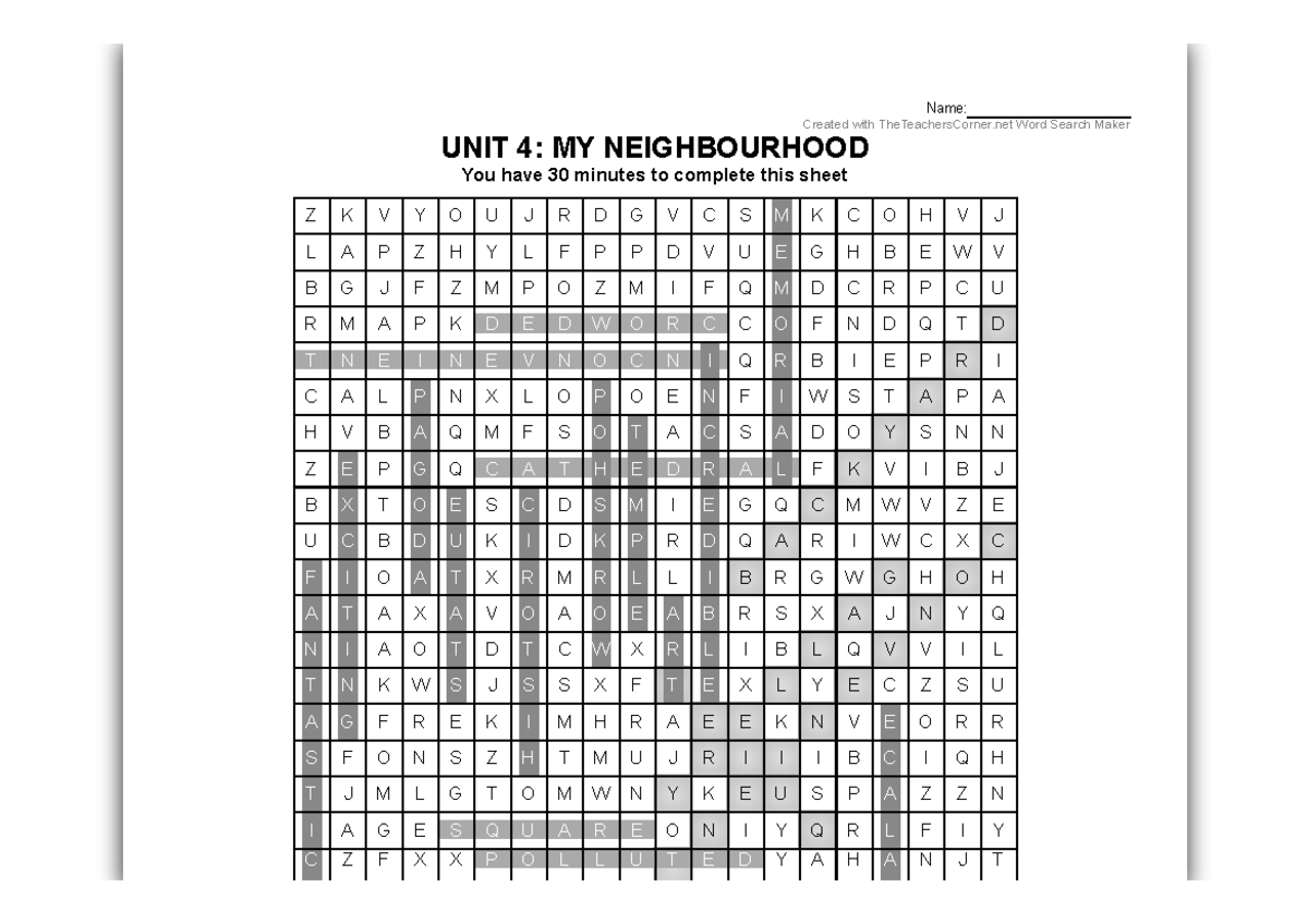 UNIT 4 MY Neighbourhood - 21 words in the grid - D R A Y K C A C B G O ...