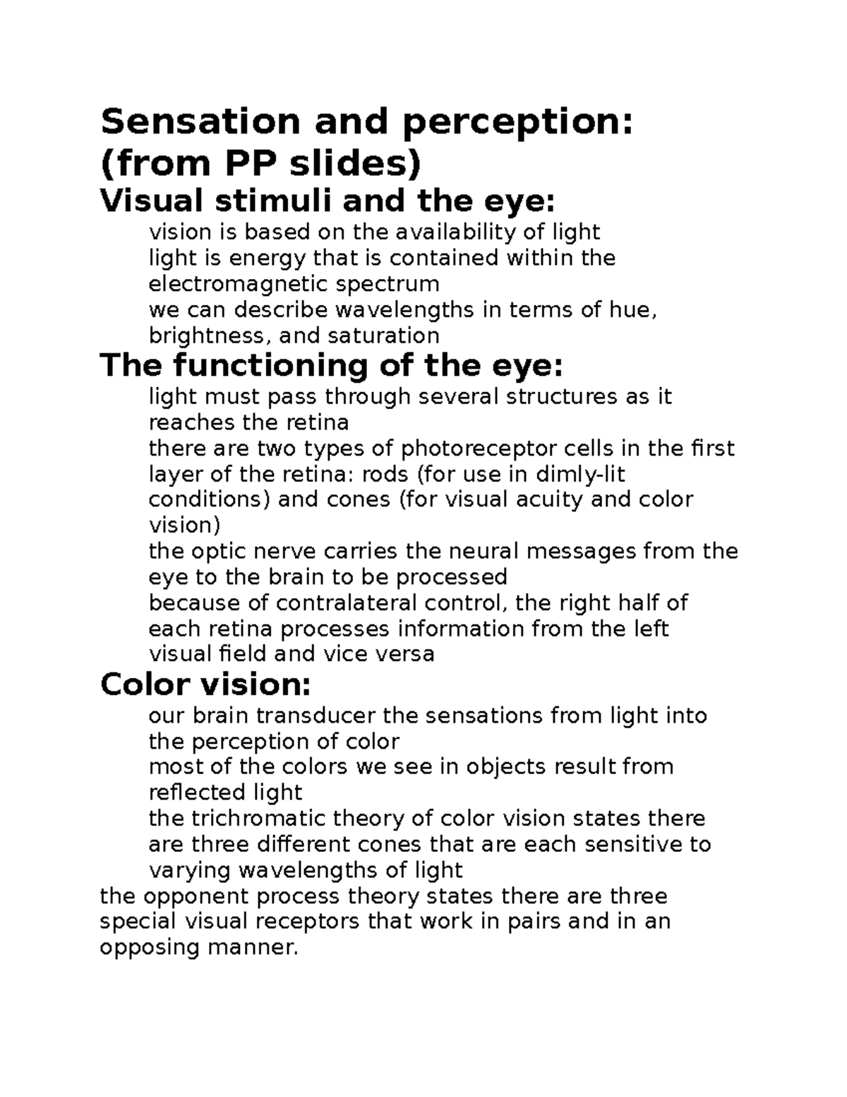 Sensation and perception - Sensation and perception: (from PP slides ...