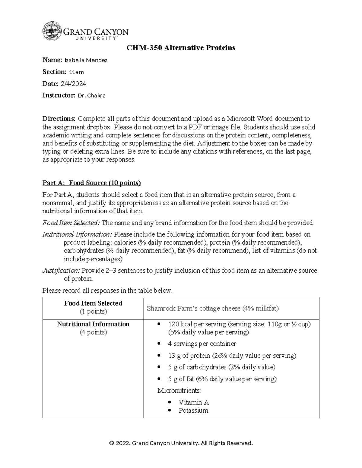 CHM 350 RS T3 - worksheet - CHM-350 Alternative Proteins Name: Isabella ...