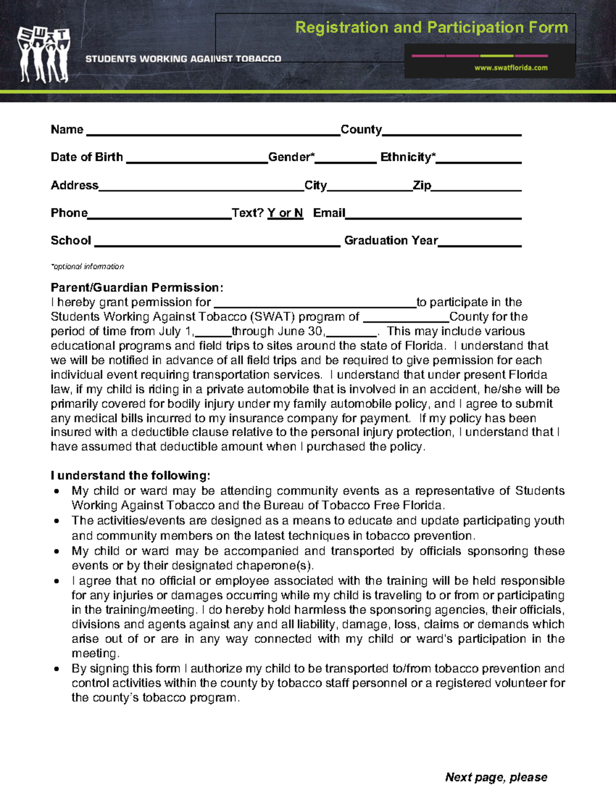SWAT Registration Form - Next page, please Registration and ...
