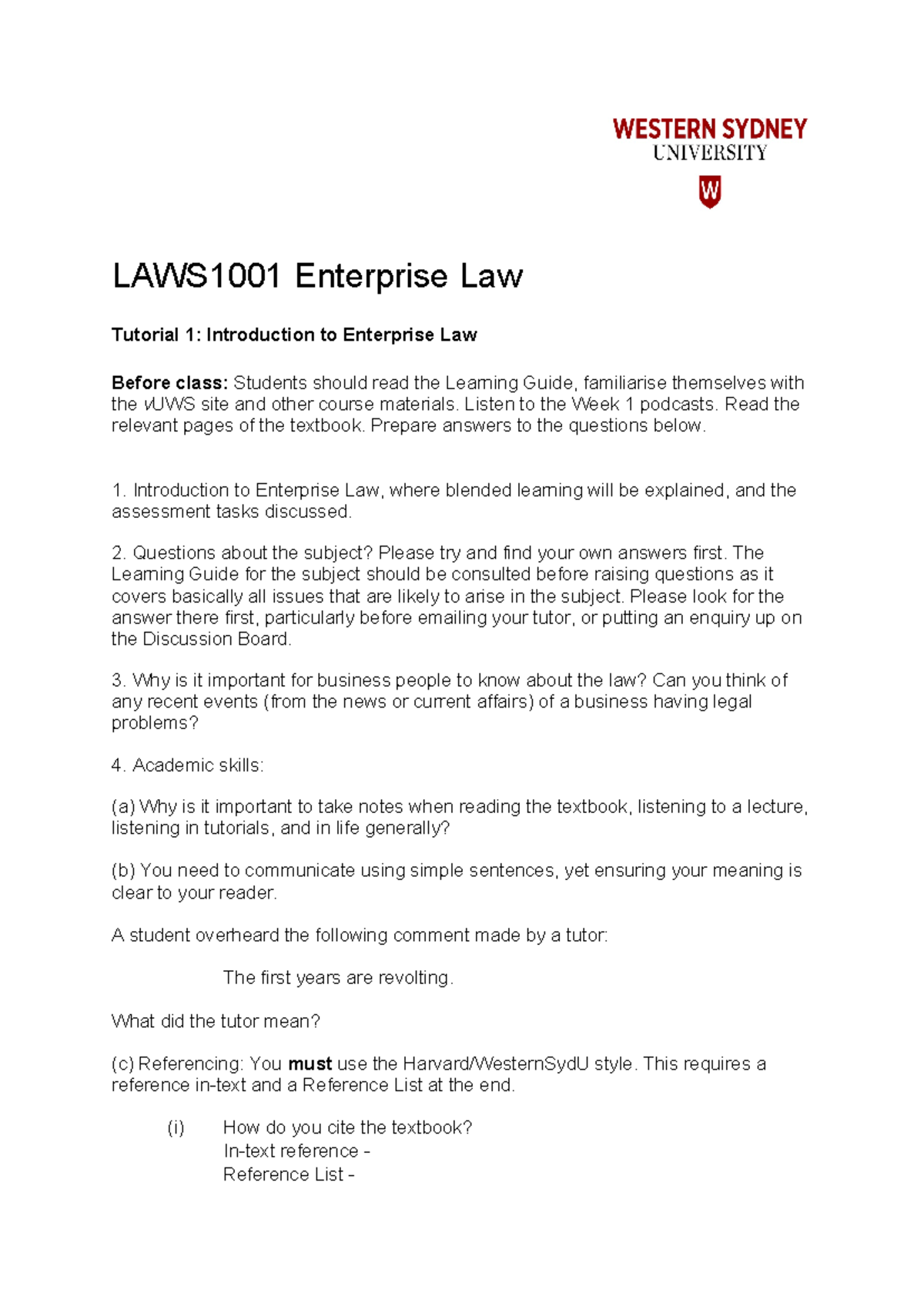 Week 1 Enterprise law notes - LAWS1001 Enterprise Law Tutorial 1 ...