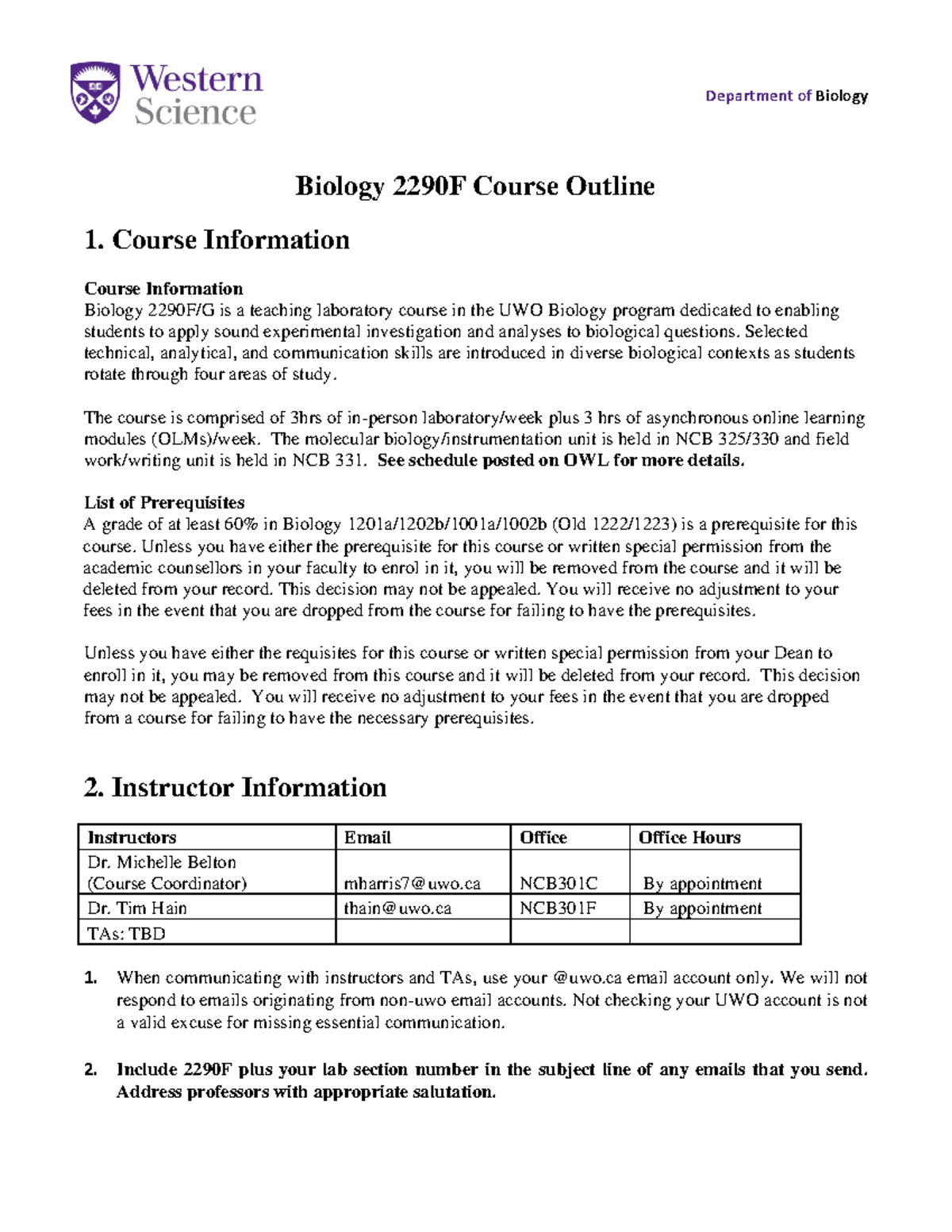 Fields course outline 2023 - Department of Biology Biology 2290F Course ...