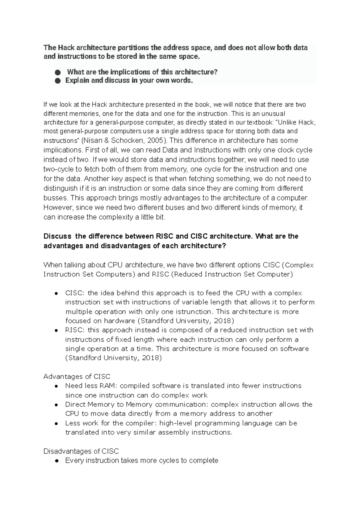 Discussion Assignment Unit 5 The Hack Architecture Partitions The Address Space And Does Not