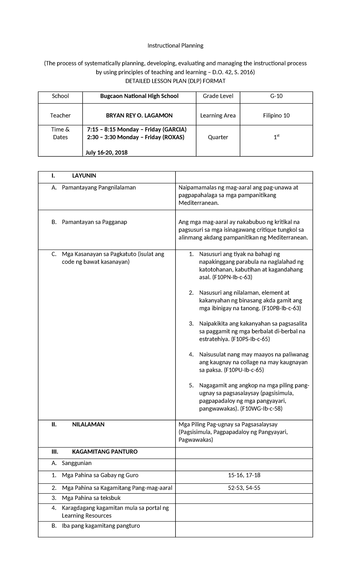 Daily Lesson PLAN Filipino 10 - Instructional Planning (The process of ...
