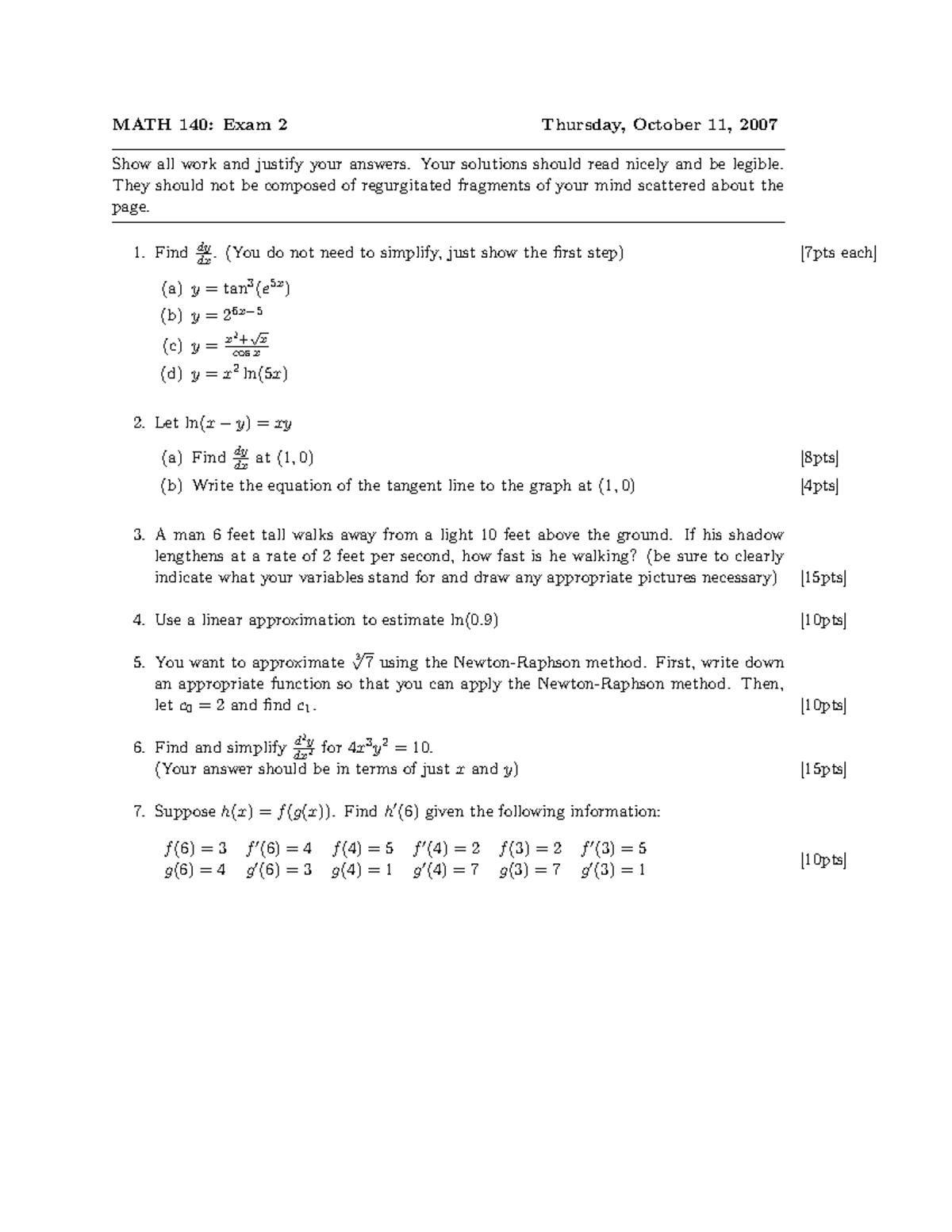 MATH140 Johnson-G FALL2007 0101 MID EXAM 2 - MATH 140: Exam 2 Thursday ...