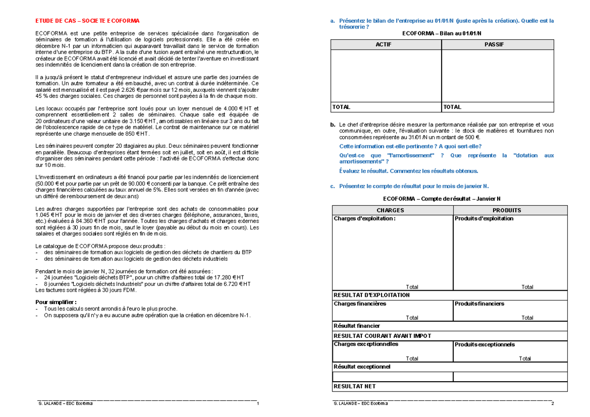 EDC Ecoforma - S. LALANDE – EDC Ecoforma 1 ETUDE DE CAS – SOCIETE ...