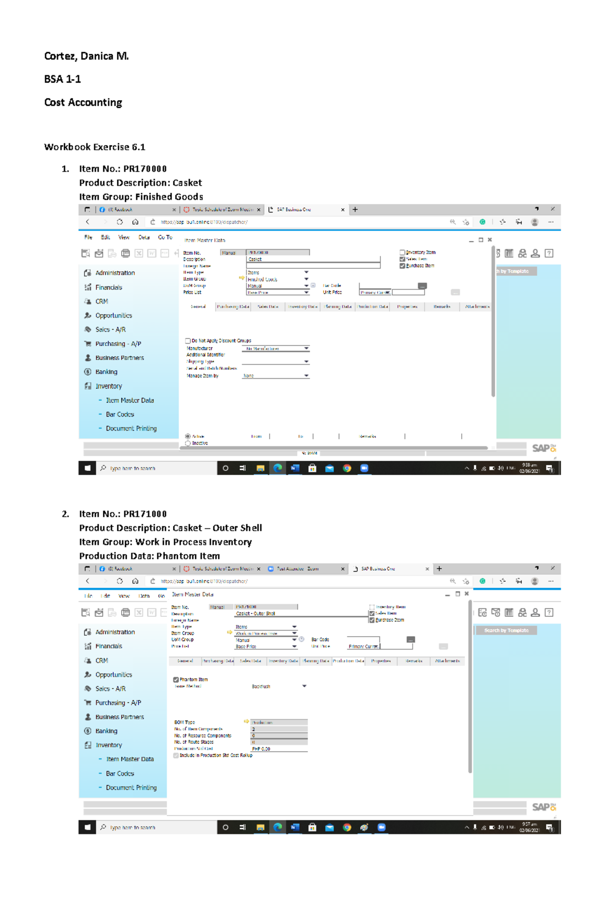 Assignment in SAP B1 - Cortez, Danica M. BSA 1- 1 Cost Accounting ...