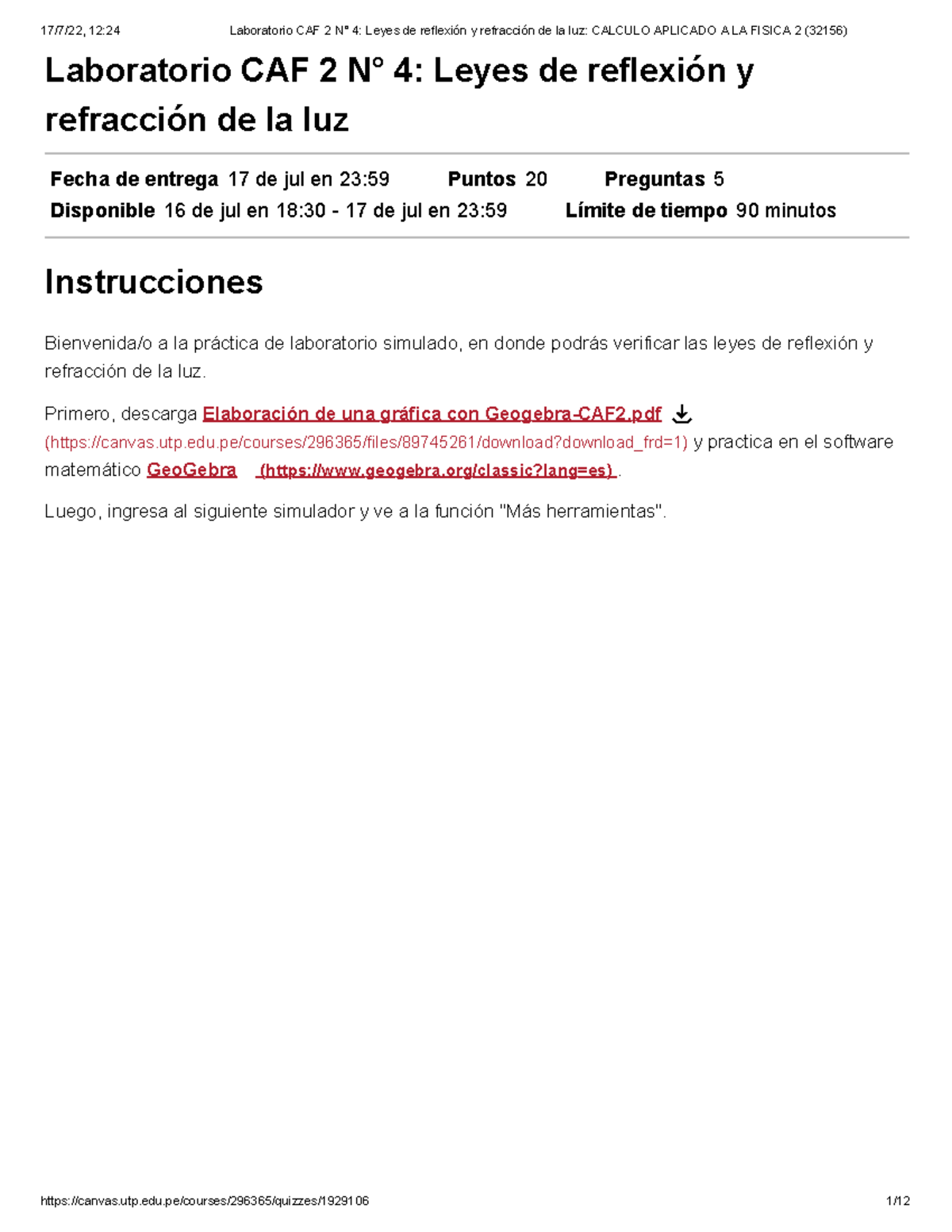 Laboratorio CAF 2 N° 4 Leyes de reflexión y refracción de la luz Calculo Aplicado A LA Fisica 2 ...