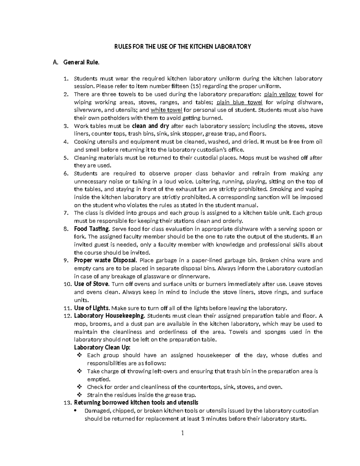 Evangelista, John Robert - RULES FOR THE USE OF THE KITCHEN LABORATORY ...