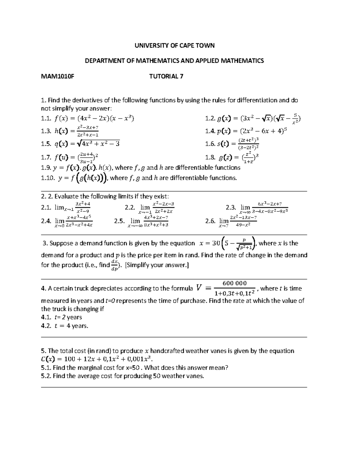 Tutorial+7 - MAM1010F Tutorial - UNIVERSITY OF CAPE TOWN DEPARTMENT OF ...