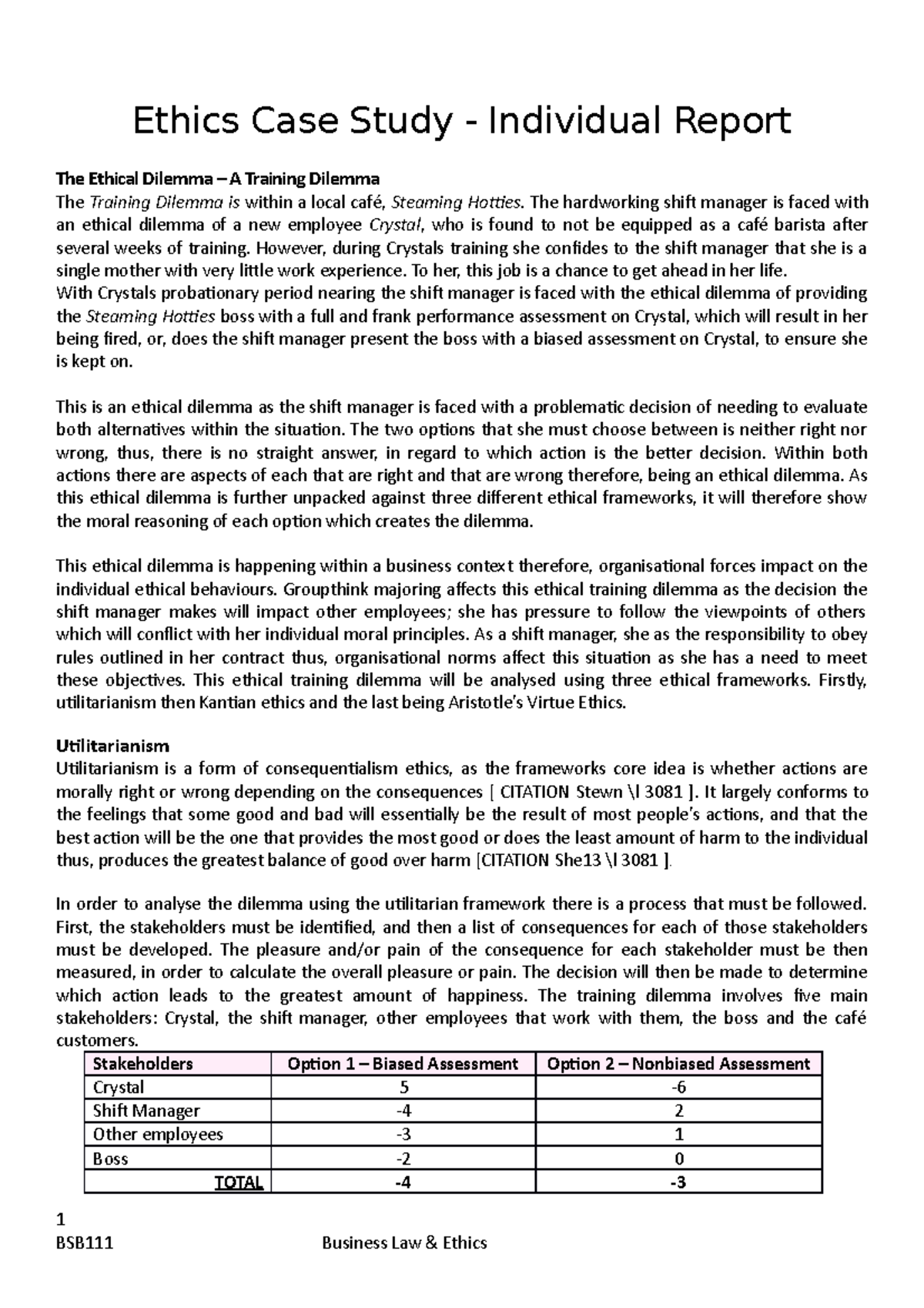 BSB111 Ethics Case Study - Ethics Case Study - Individual Report The ...