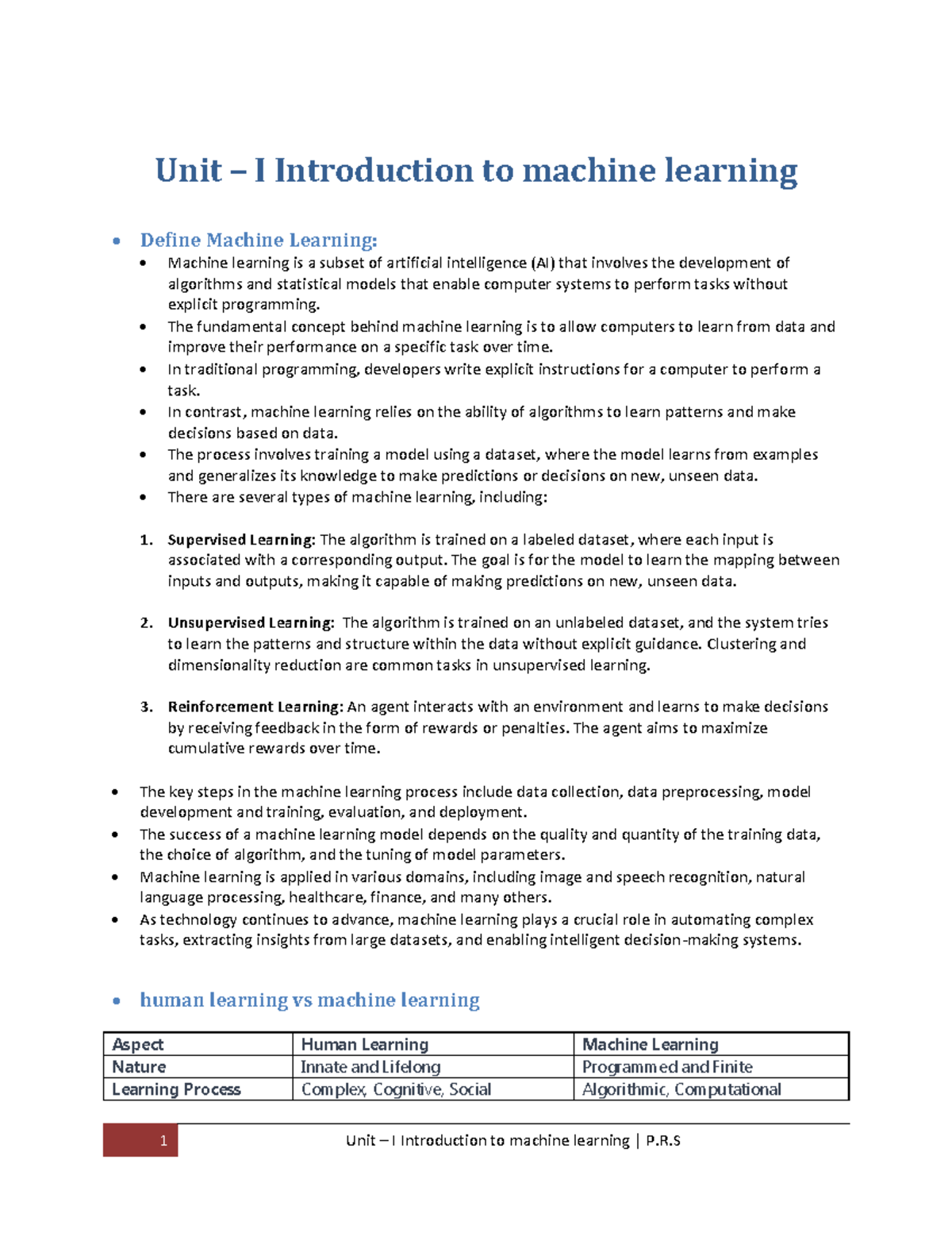 Ml notes - 1 Unit – I Introduction to machine learning | P.R Unit – I ...