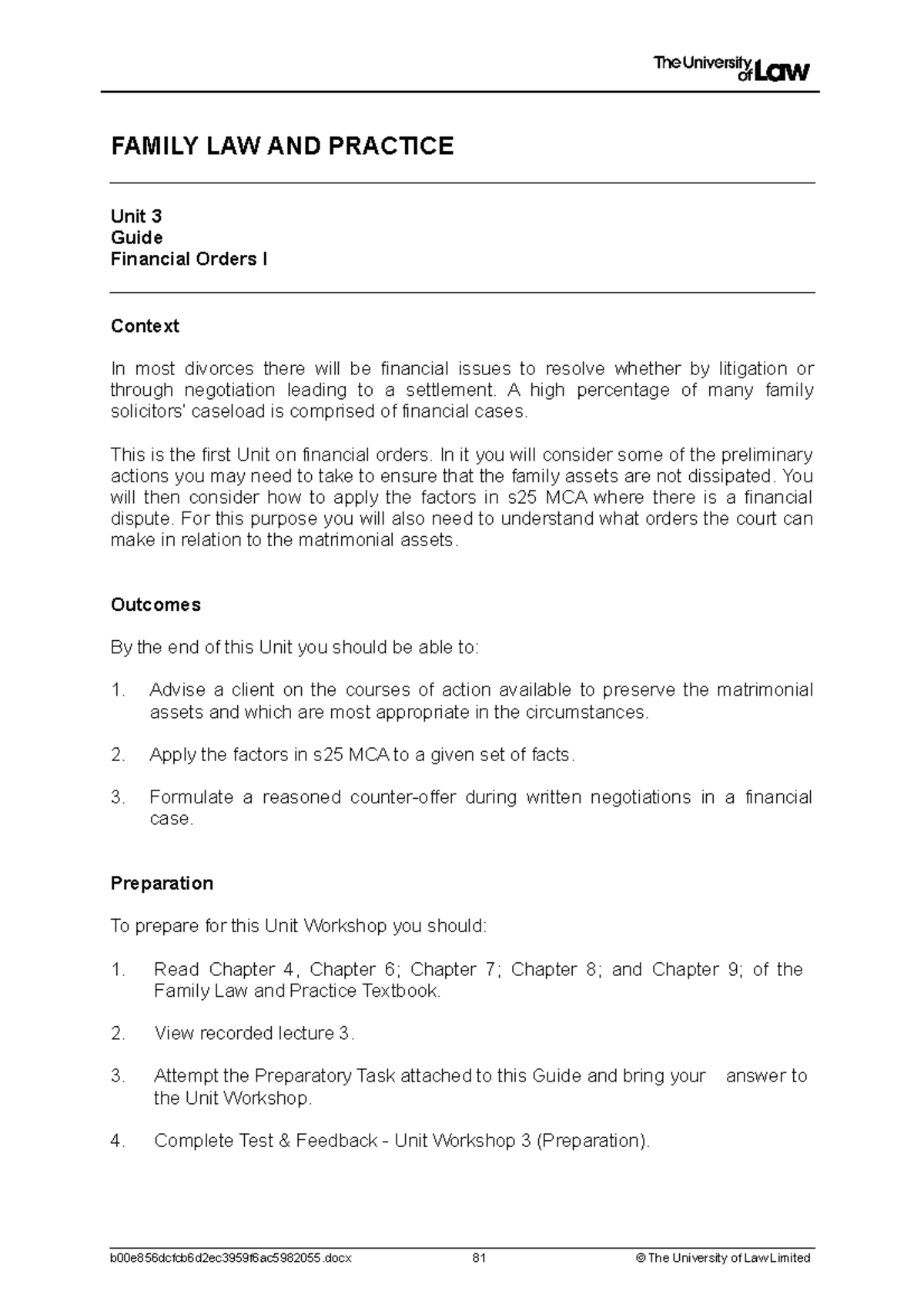 Family WS 3 Guide - FAMILY LAW AND PRACTICE Unit 3 Guide Financial ...