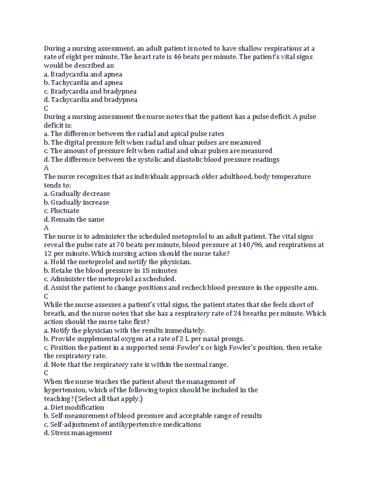 Vital signs practice questions for nursing 207 - During a nursing ...