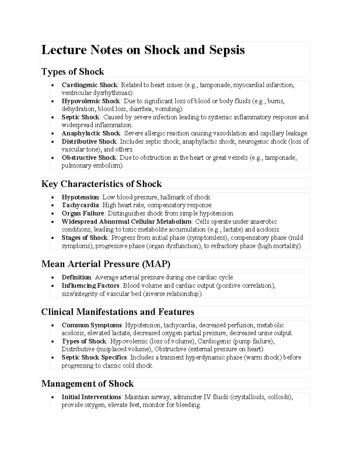 Shock and Sepsis - Summary Health Care Quality and Safety - Lecture ...