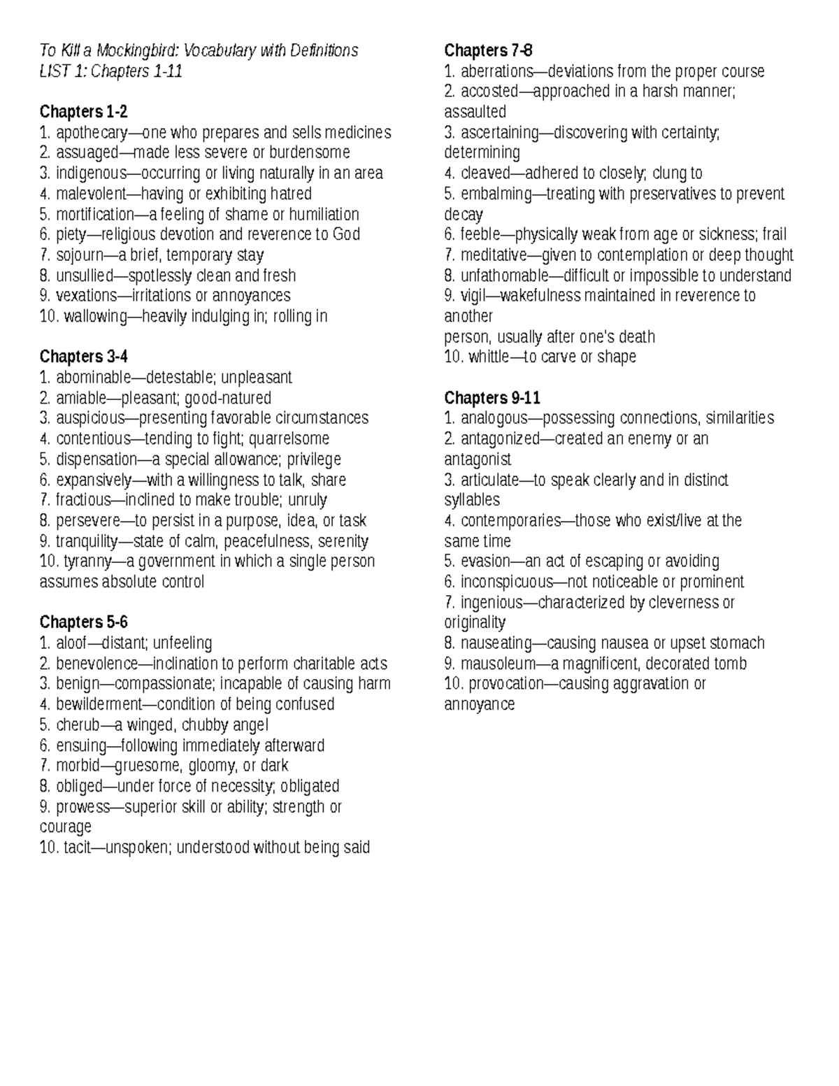 13-14 Defined Vocabulary Words - To Kill a Mockingbird: Vocabulary with ...
