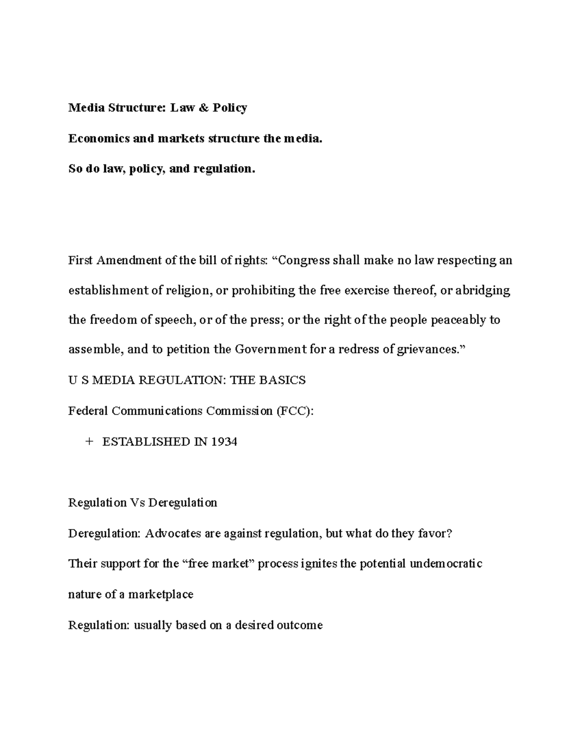 DMJ media and society notes #6 - Media Structure: Law & Policy ...