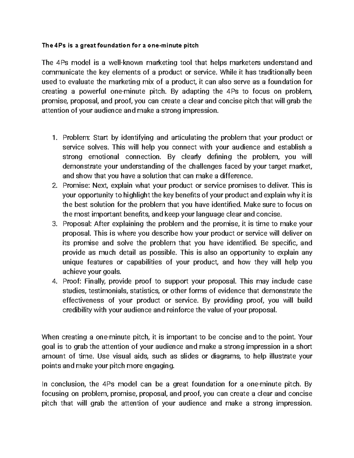 ICBS Notes - 4P model for 1-min pitch - The 4Ps is a great foundation ...