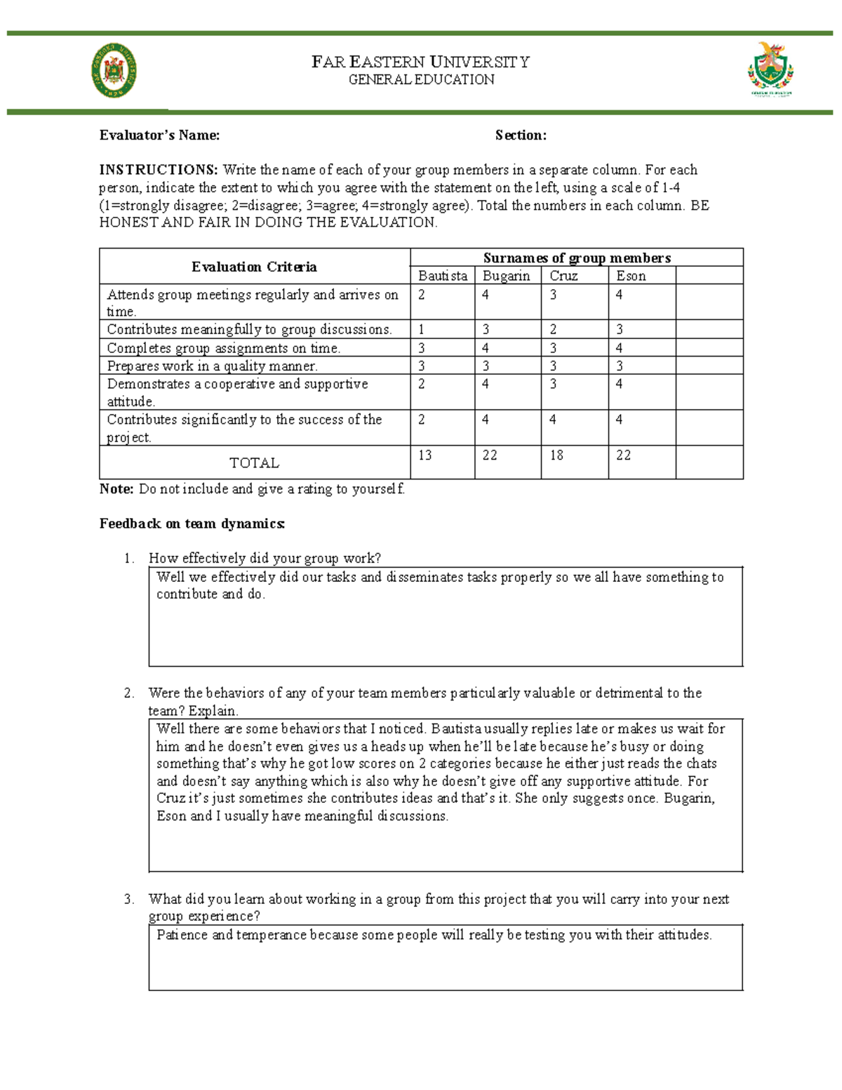 Peer Evaluation Form-1 - FAR EASTERN UNIVERSITY GENERAL EDUCATION ...