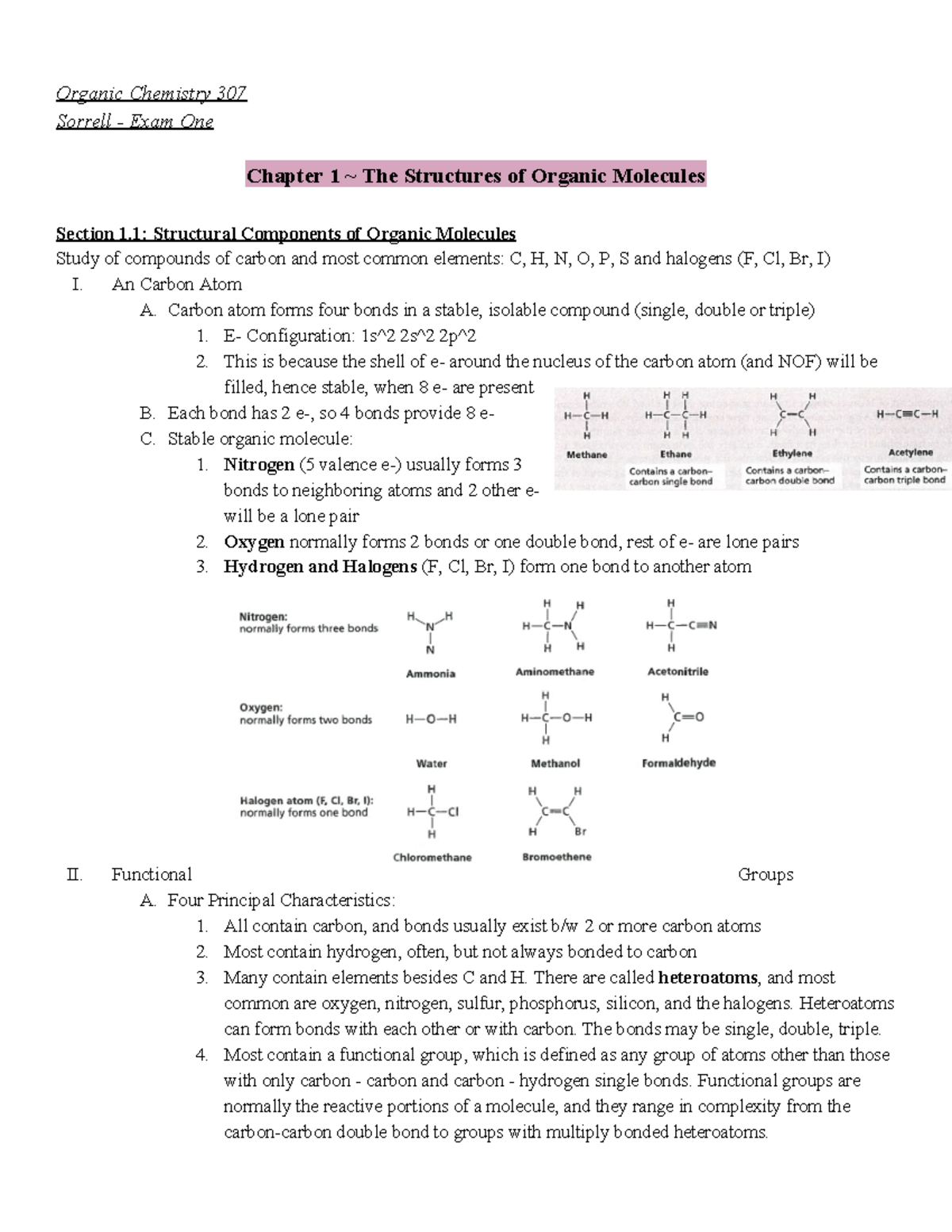 Orgo 1 - Chapter 1 - Organic Chemistry 307 Sorrell - Exam One Chapter 1 ...