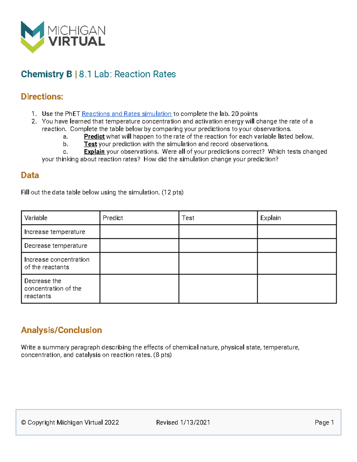 Chemistry B 8.1 Lab Reaction Rates - Chemistry B | 8 Lab: Reaction ...
