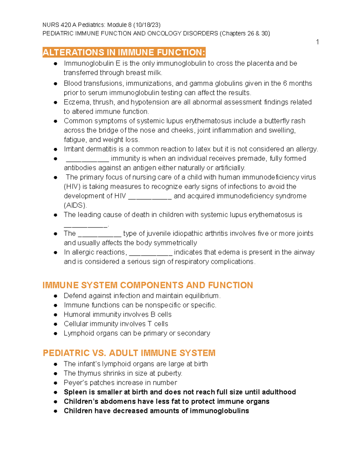 Peds Lecture: Module 8 - Notes - PEDIATRIC IMMUNE FUNCTION AND ONCOLOGY ...