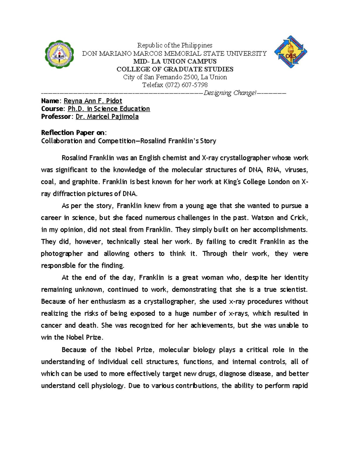 Reflection Paper - Republic of the Philippines DON MARIANO MARCOS ...