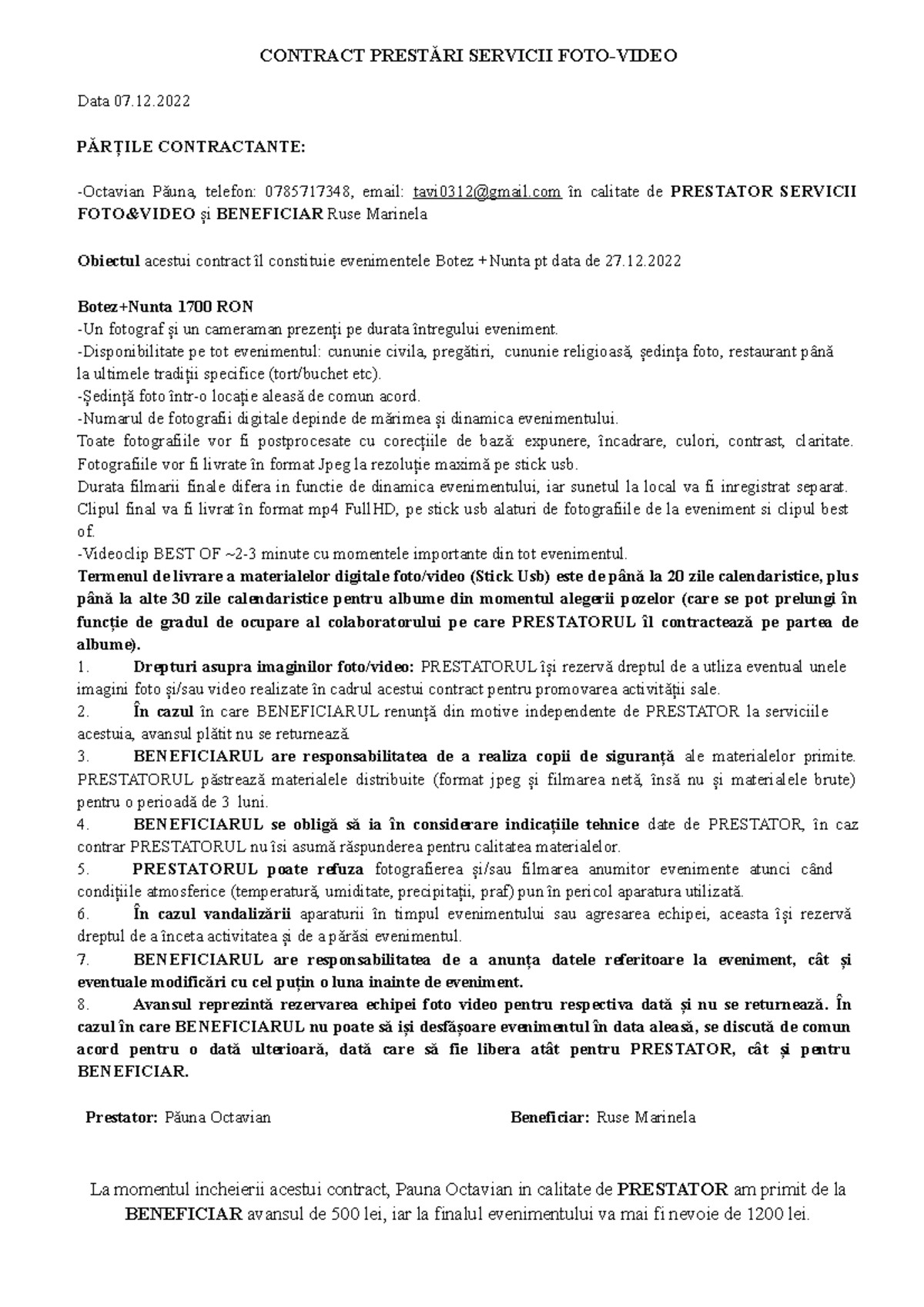 Contract foto-video 27 - CONTRACT PRESTĂRI SERVICII FOTO-VIDEO Data 07 ...
